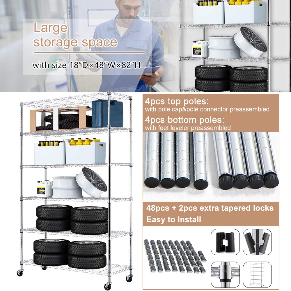 BestShop 6 Tier Wire Shelving Storage Metal Shelf Standing Shelf Units Height Adjustable Garage Shelving 48"x18"x82" with Wheels/Feet Levelers 2100lbs Capacity Commercial Shelving, Chrome