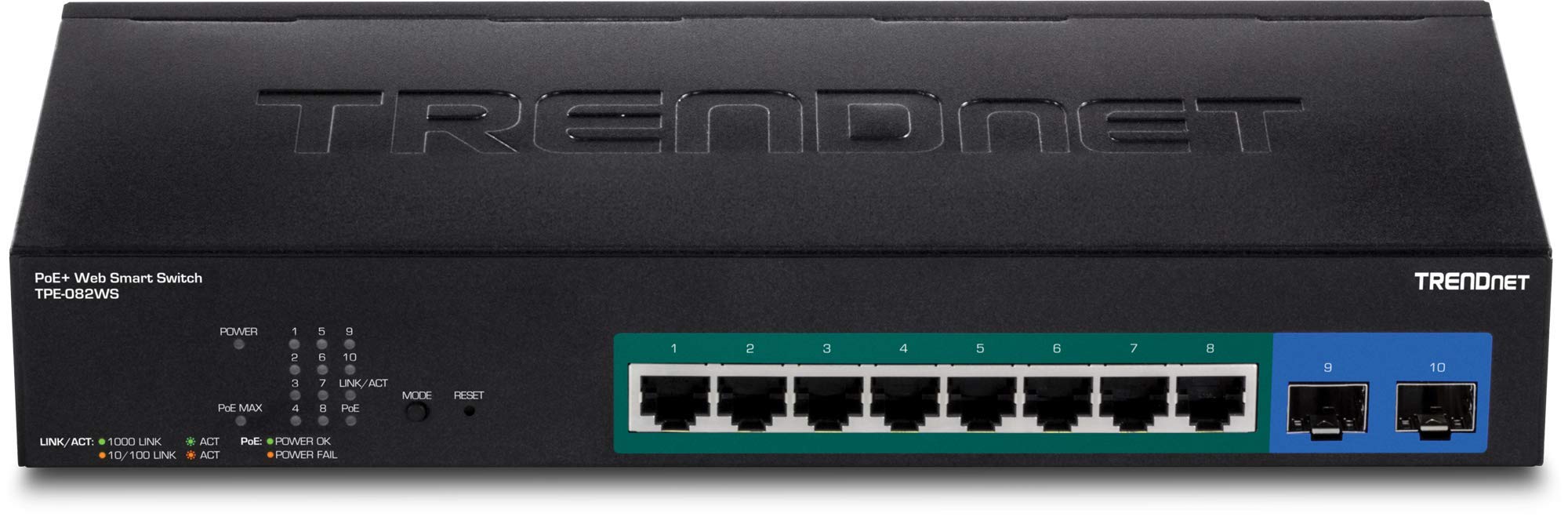 TRENDnet 10-Port Gigabit Web Smart PoE+ Switch, 8 x Gigabit PoE+ Ports, 2 x SFP Slots, Vlan, QoS, IPv6 Support, 20Gbps Switching Capacity, 75W PoE Power Budget, Lifetime Protection, Black, TPE-082WS