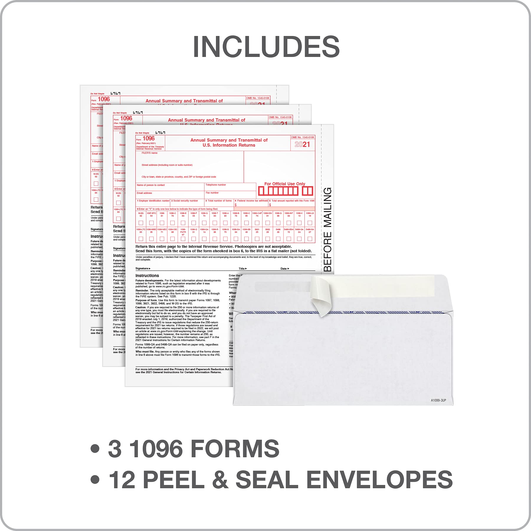 Adams 1099 NEC Forms 2021, Tax Kit for 12 Recipients, 5 Part Laser 1099 Forms, 3 1096, Self Seal Envelopes & Tax Forms Helper Online (TXA12521-NEC)