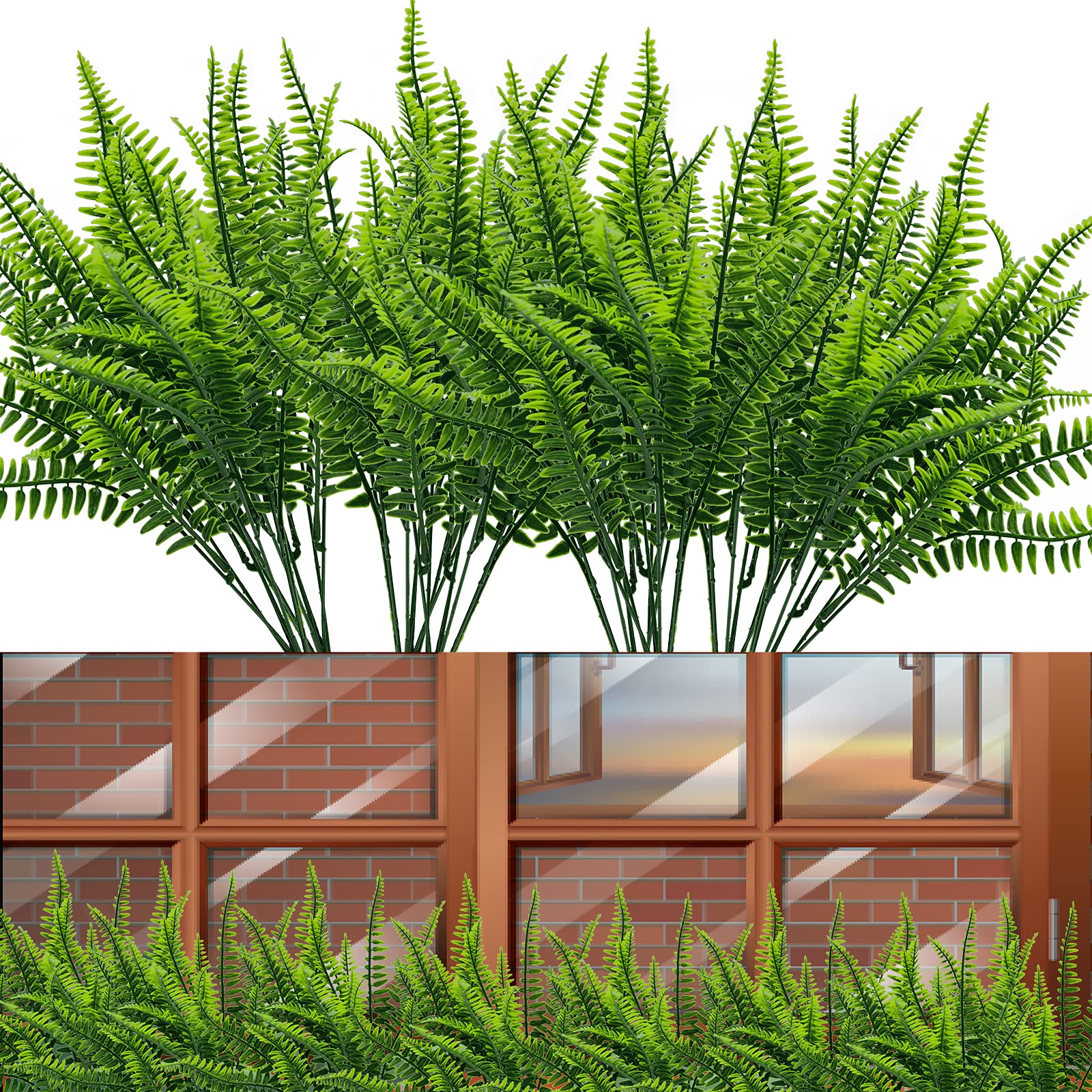 YUESUO 8 Pack Fake Fern Plants Faux Boston Ferns for Outdoor UV Resistant Artificial Plants Greenery Shrubs Plants Indoor Outside Hanging Planter Home Garden Decor
