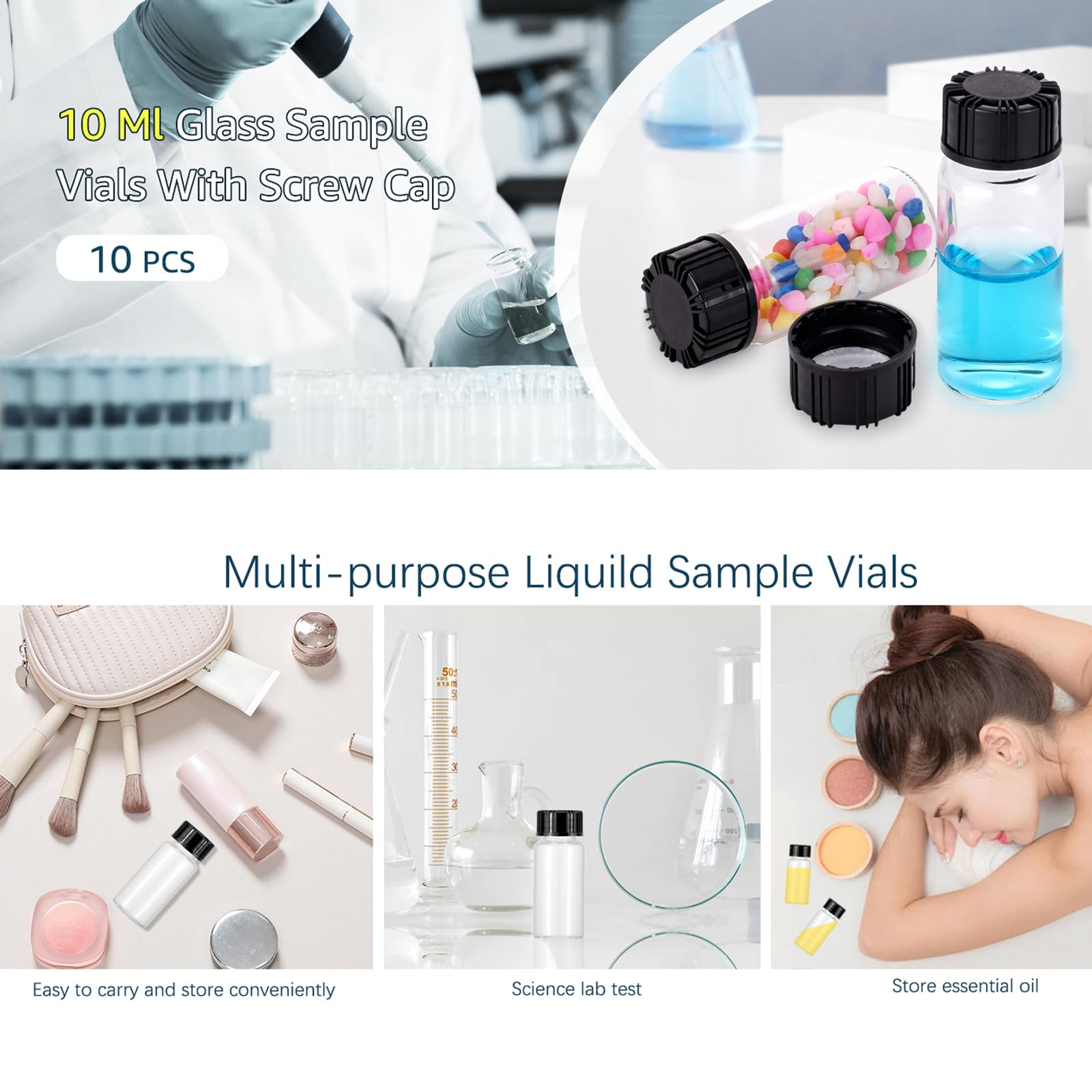 JIUWU 10 Pack Clear Glass Bottles Vial Liquid Sampling Sample Glass Bottles Vials Screwcap Capacity 10 ml (0.3 Oz)