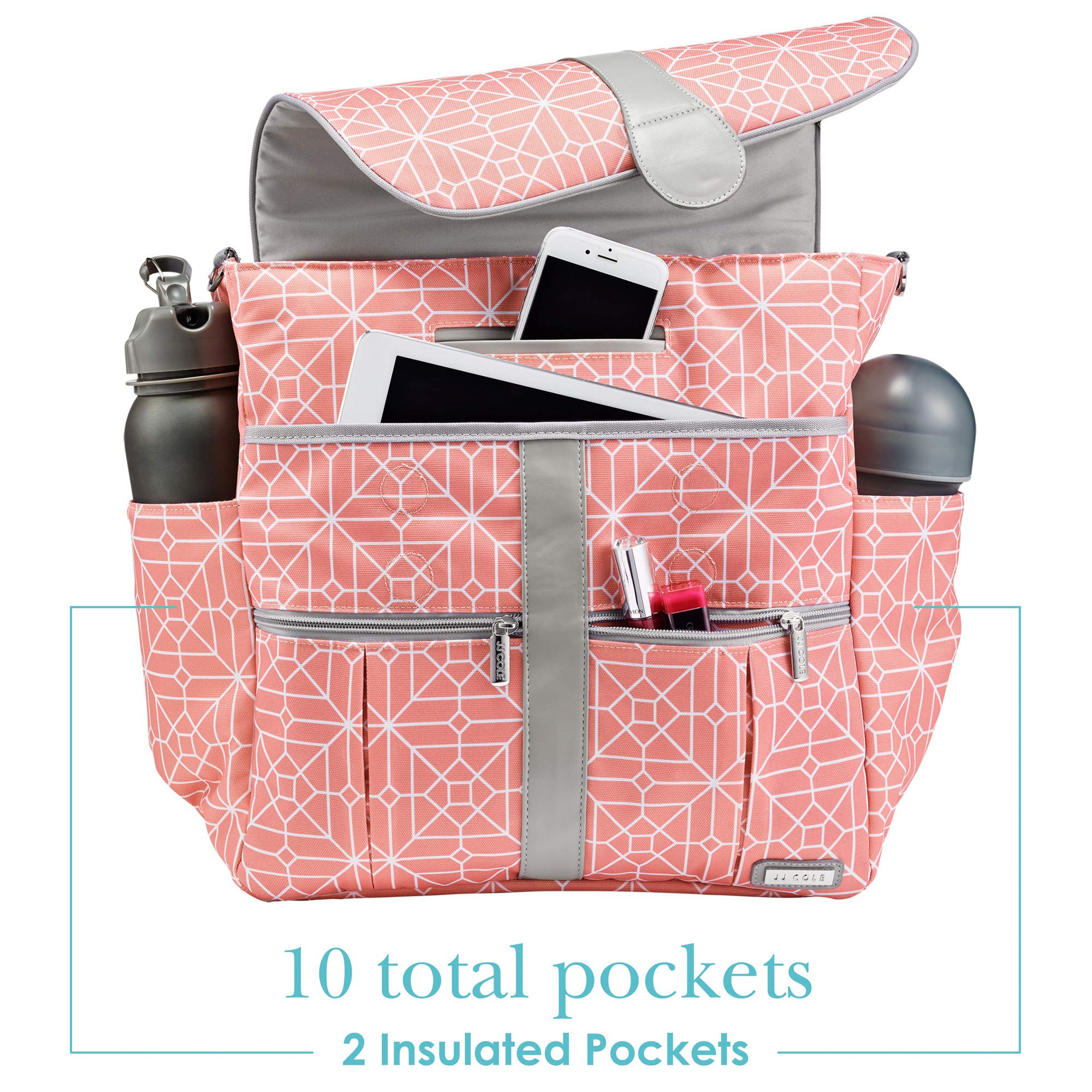 JJ Cole - Backpack, Gender Neutral Large Capacity Diaper Bag, Multifunctional, Stylish, with Stroller Clips and Changing Pad, Coral Tile
