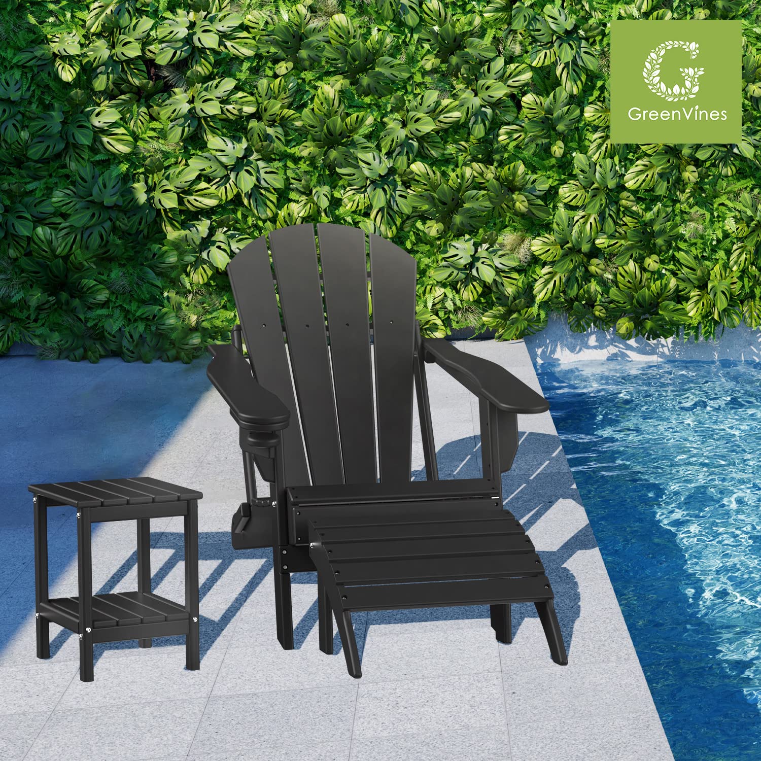 GREENVINES Adirondack-Ottoman | Folding | Set of 2 | HDPE Plastic | Outdoor Footrest | All Weather | Foot Rest | Foot Stool | Black | for Adirondack Chair | for Patio Backyard Pool