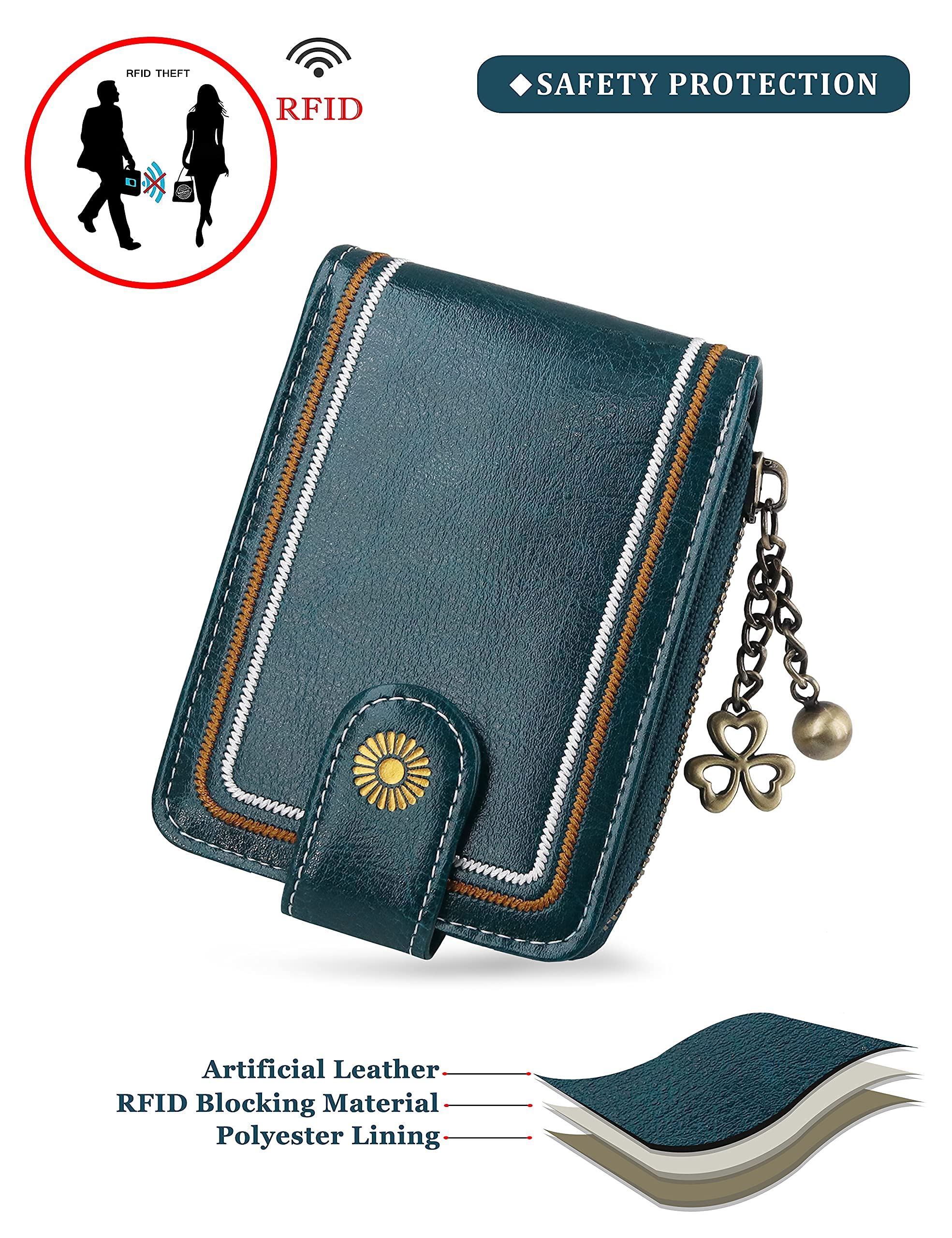 IamaCos Women Credit Card Wallet Bifold Artificial Leather Wallets RFID Blocking Zipper Card Holder 9 Card Slots 4 ID Windows Cute Pendant Blue