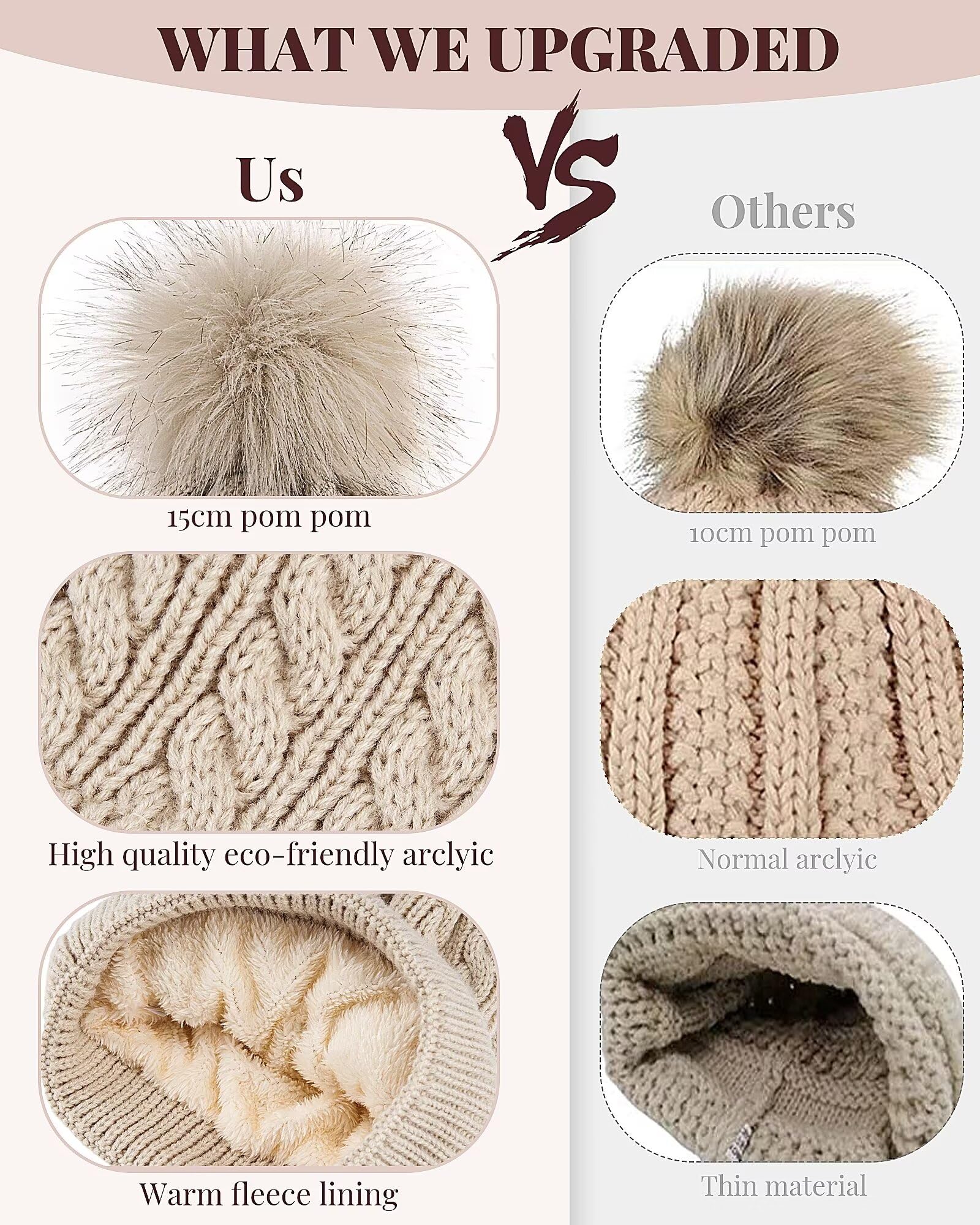 Alepo Womens Winter Beanie Hat, Warm Fleece Lined Knitted Soft Ski Cuff Cap with Pom Pom(Beige)