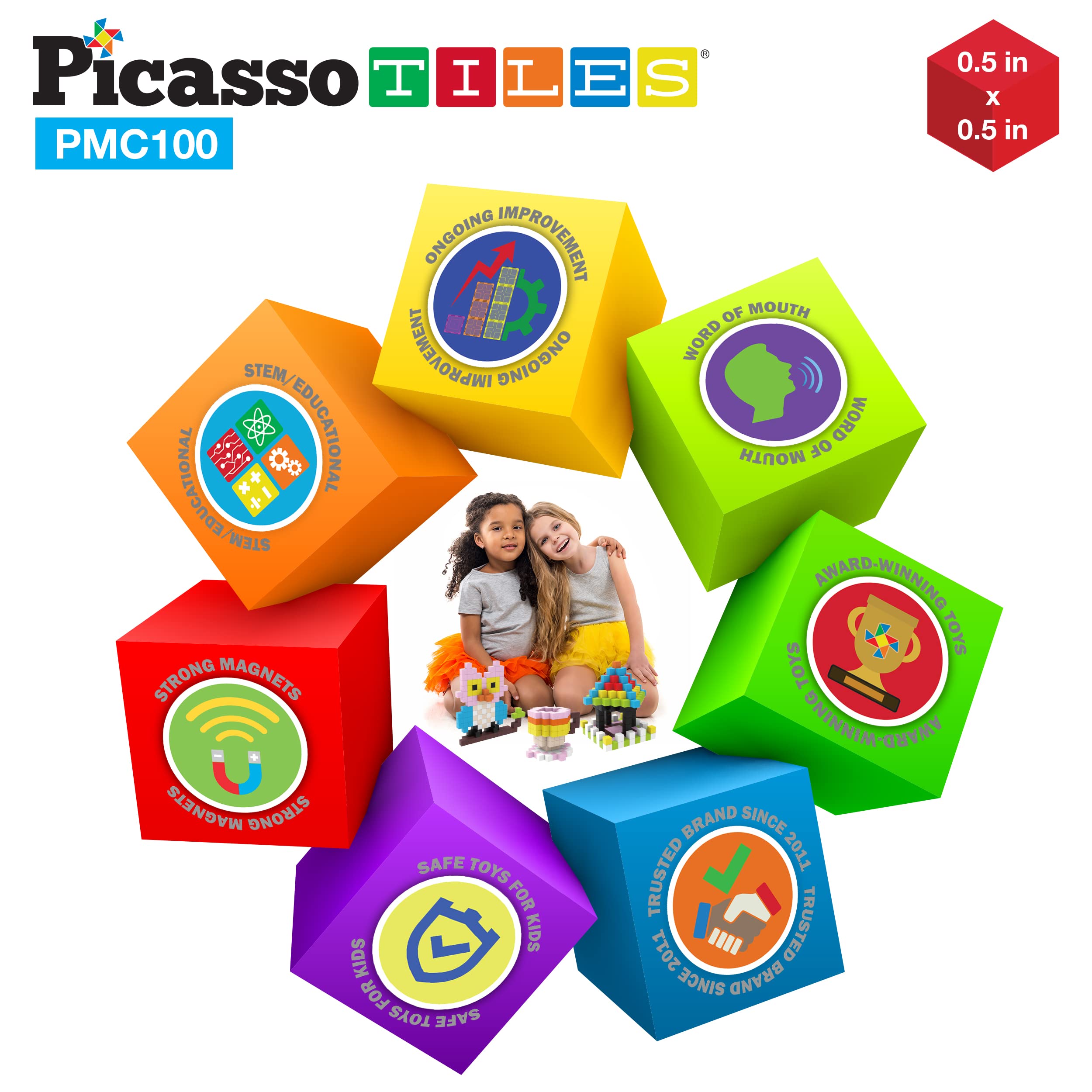 PicassoTiles 0.5” Pixel Magnetic Puzzle Cube 100 Piece Mix & Match Cubes Sensory Toys STEAM Education Learning Building Block Magnets Children Construction Toy Set Stacking Magnet Creative Kit PMC100