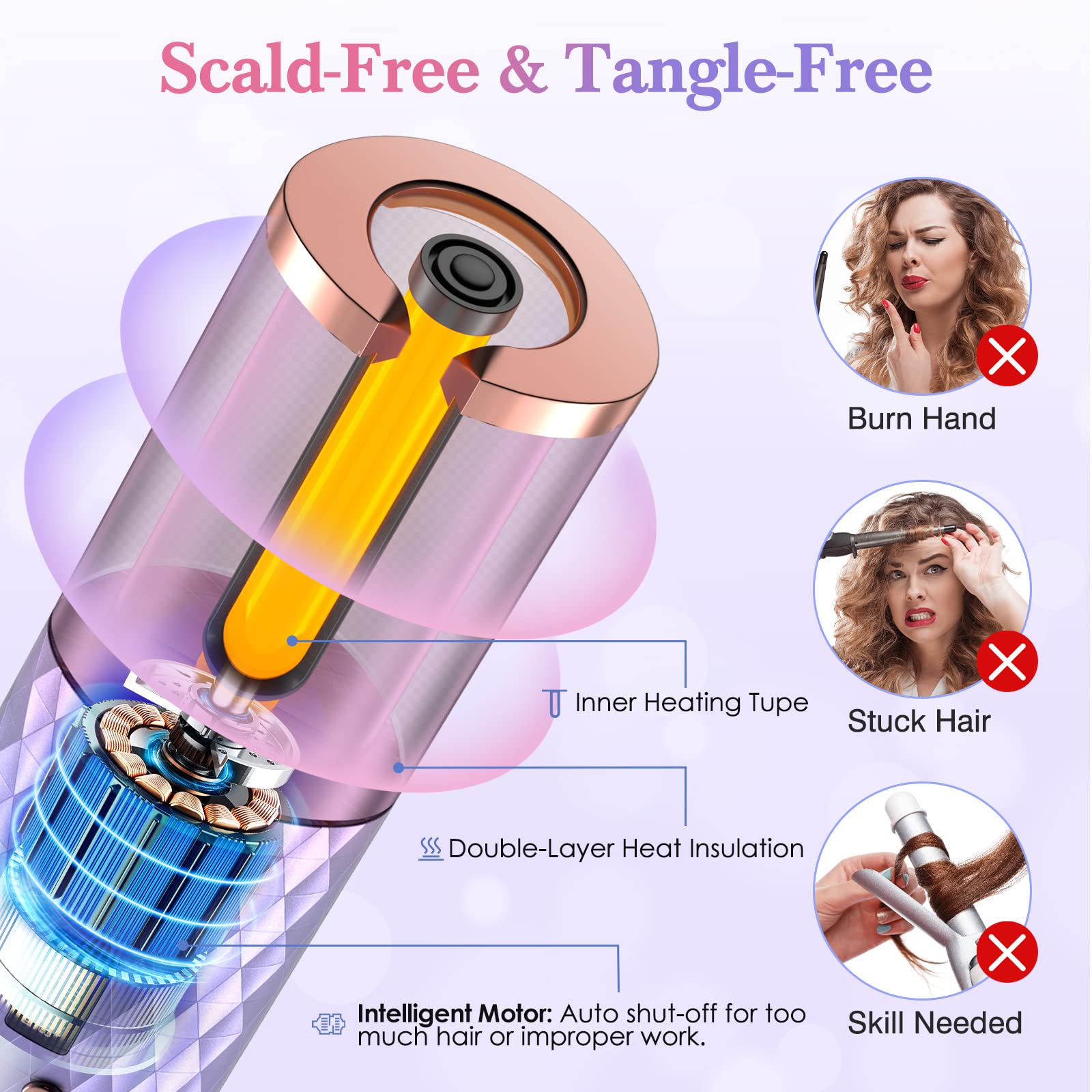 Automatic Curling Iron, Cordless Automatic Hair Curler with 6 Temps & Timers, Rechargeable Hair Curler with Ceramic Ionic Barrel, Detangle & Scald-Free Curler, Auto Shut-Off