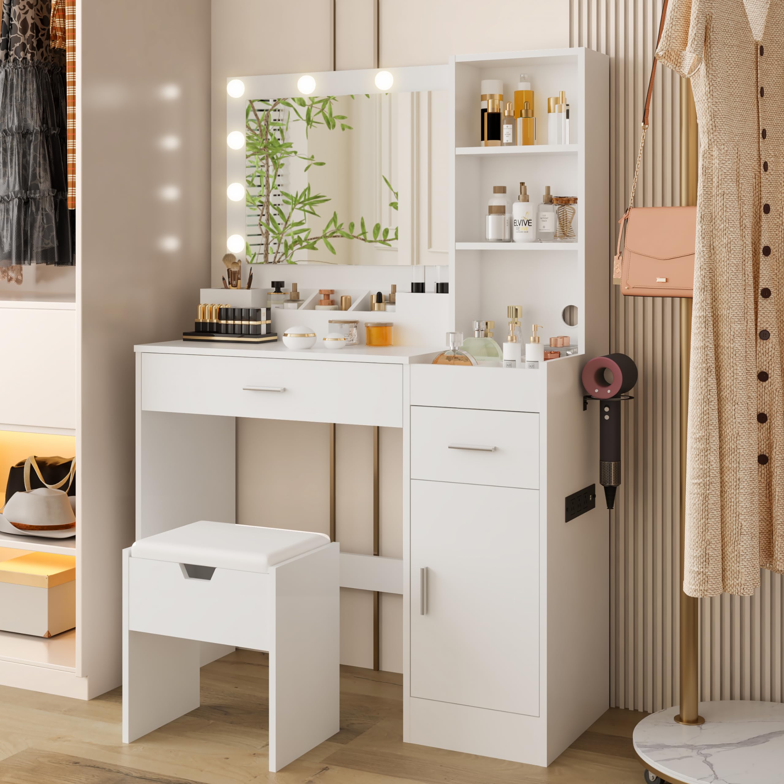 HAIOOU Vanity Desk with Mirror and Lights, White Makeup Vanity with Charging Station, Modern Dressing Table Chair Set with 2 Storage Drawers, 3 Lighting Modes Adjustable Brightness for Bedroom