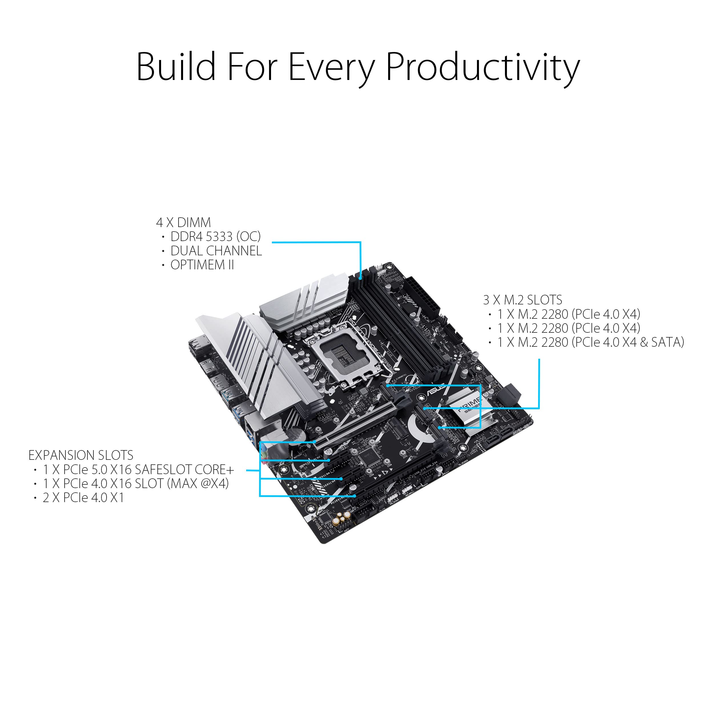 ASUS Prime Z790M-Plus D4 LGA 1700(Intel 14th,12th&13th Gen) microATX Motherboard (PCIe 5.0, 3xM.2 Slots,10+1 DrMOS,DDR4,1Gb LAN,USB 3.2 Gen 2x2 Type-C,Front USB 3.2 Gen 1 Type-C,Thunderbolt 4 USB4)