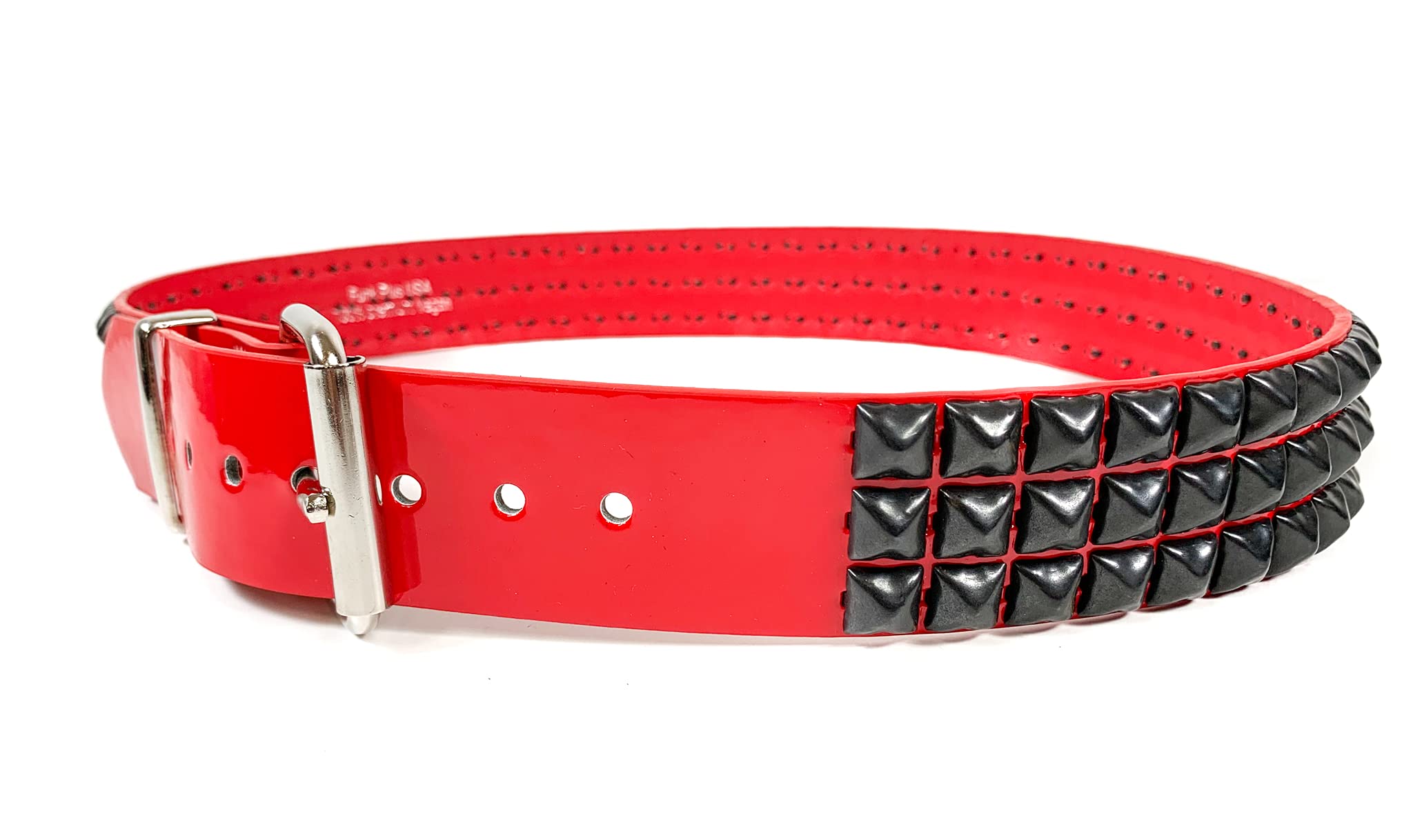 Patent Red Three Row Black Pyramid Stud Belt Vegan Leather Punk Goth Alternative USA Made (XL)