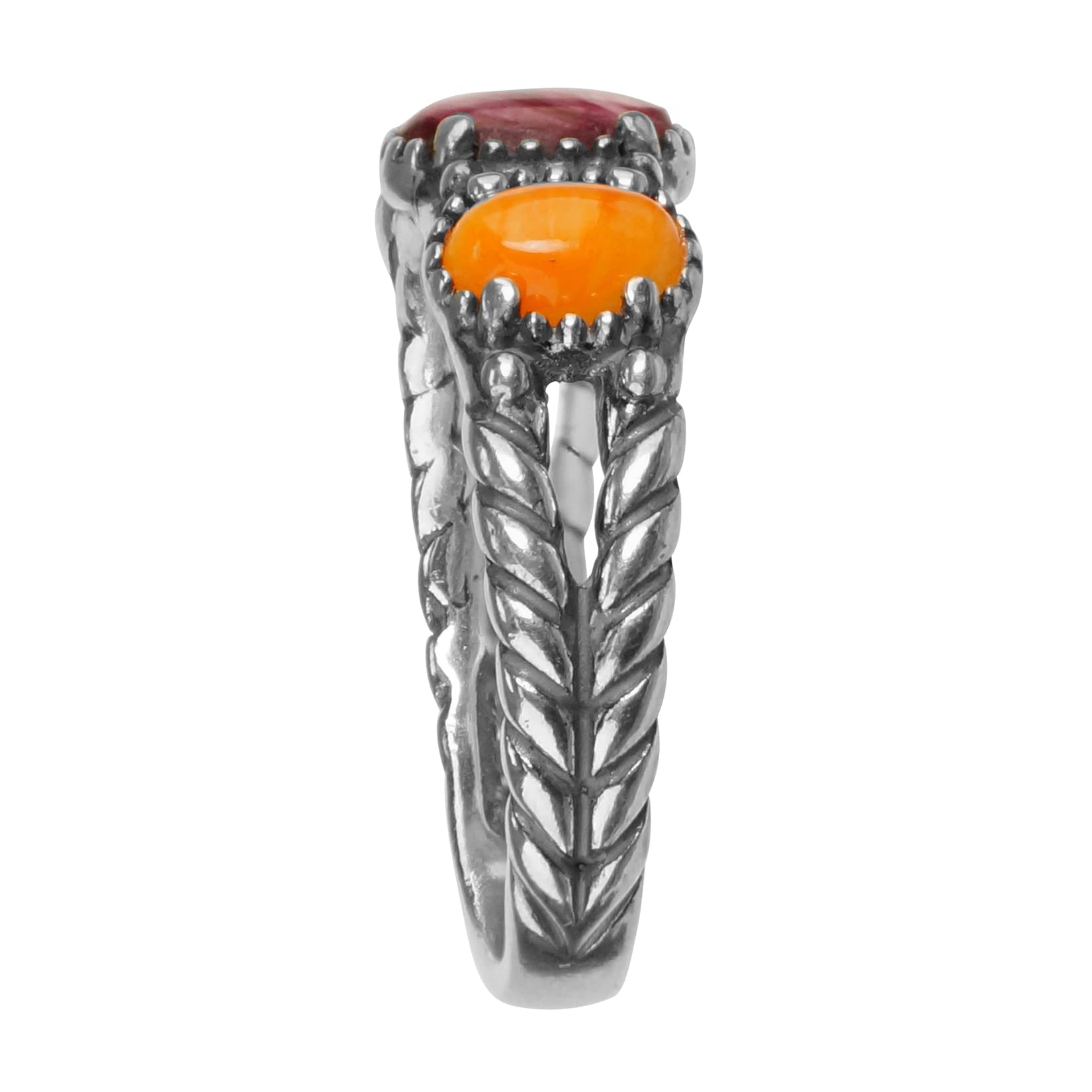 American West Jewelry Sterling Silver Women's Ring Purple Spiny & Orange Spiny Gemstone 3-Stone Design Size 6