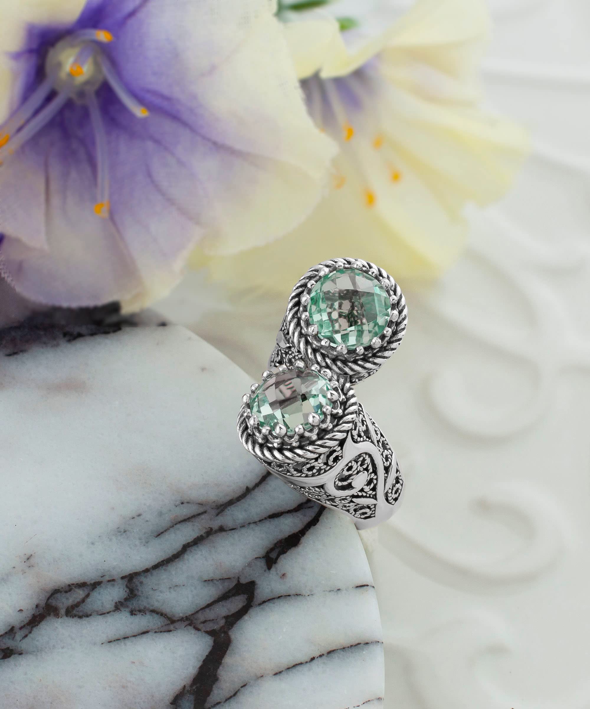 925 Sterling Silver Filigree Art Women Bypass Cocktail Ring, Gift Packed (Prasiolite, 11)