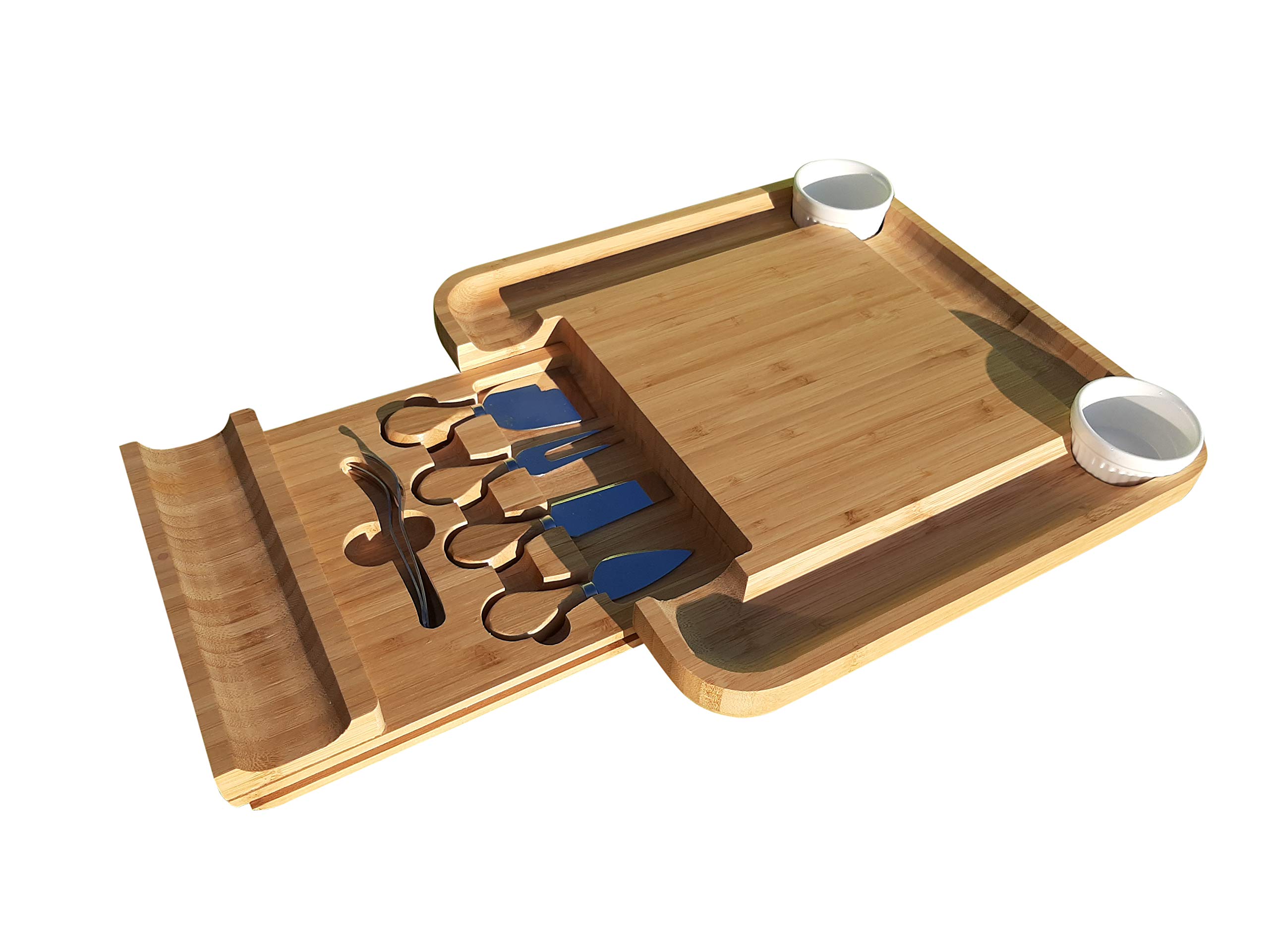 Premium Bamboo Cheese Board with Stainless Steel Knife Set and Ceramic Cups | Great Gift Idea | Size 13.3'' x 13.3'' x 2.2''