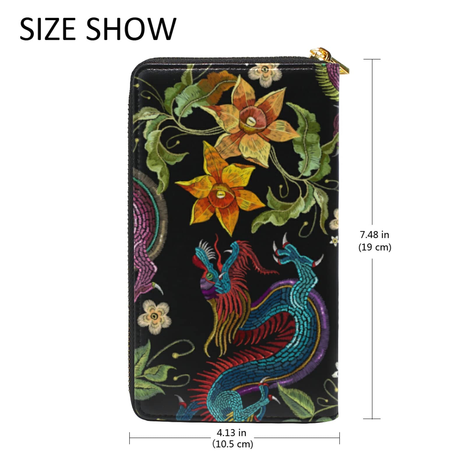 Embroidery Asian Dragons Yellow Flowers Chinese Dragons on Dark Leather Long Wallet Organizer with Zipper Purse Clutch Bag for Women Men