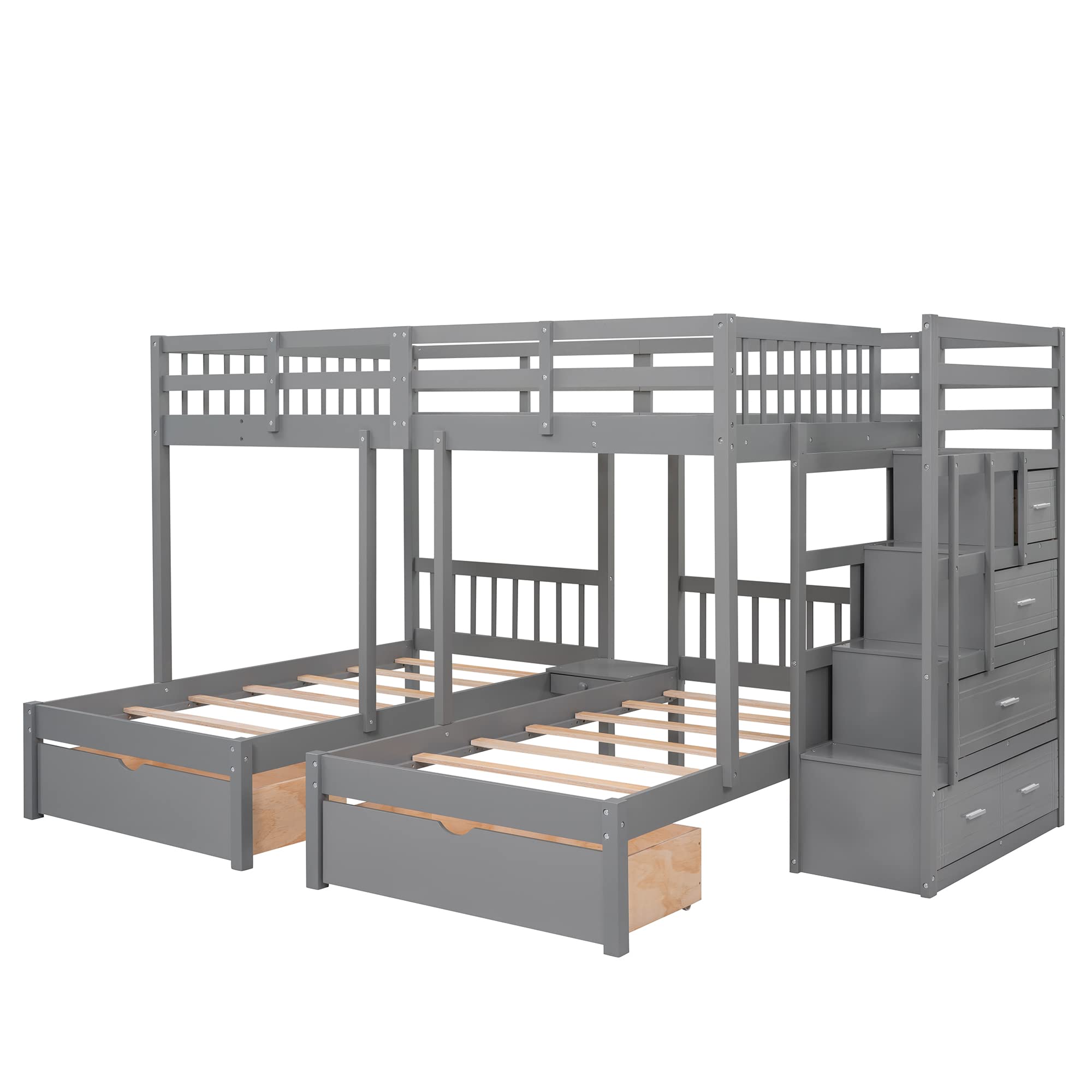 Full Over Twin & Twin Bunk Bed, Wood Triple Bunk Bed Frame with with Staircase, Drawers and Guardrails, Multi-Functional Bunk Bed for Kids, Teens, Adults (Gray*Staircase)