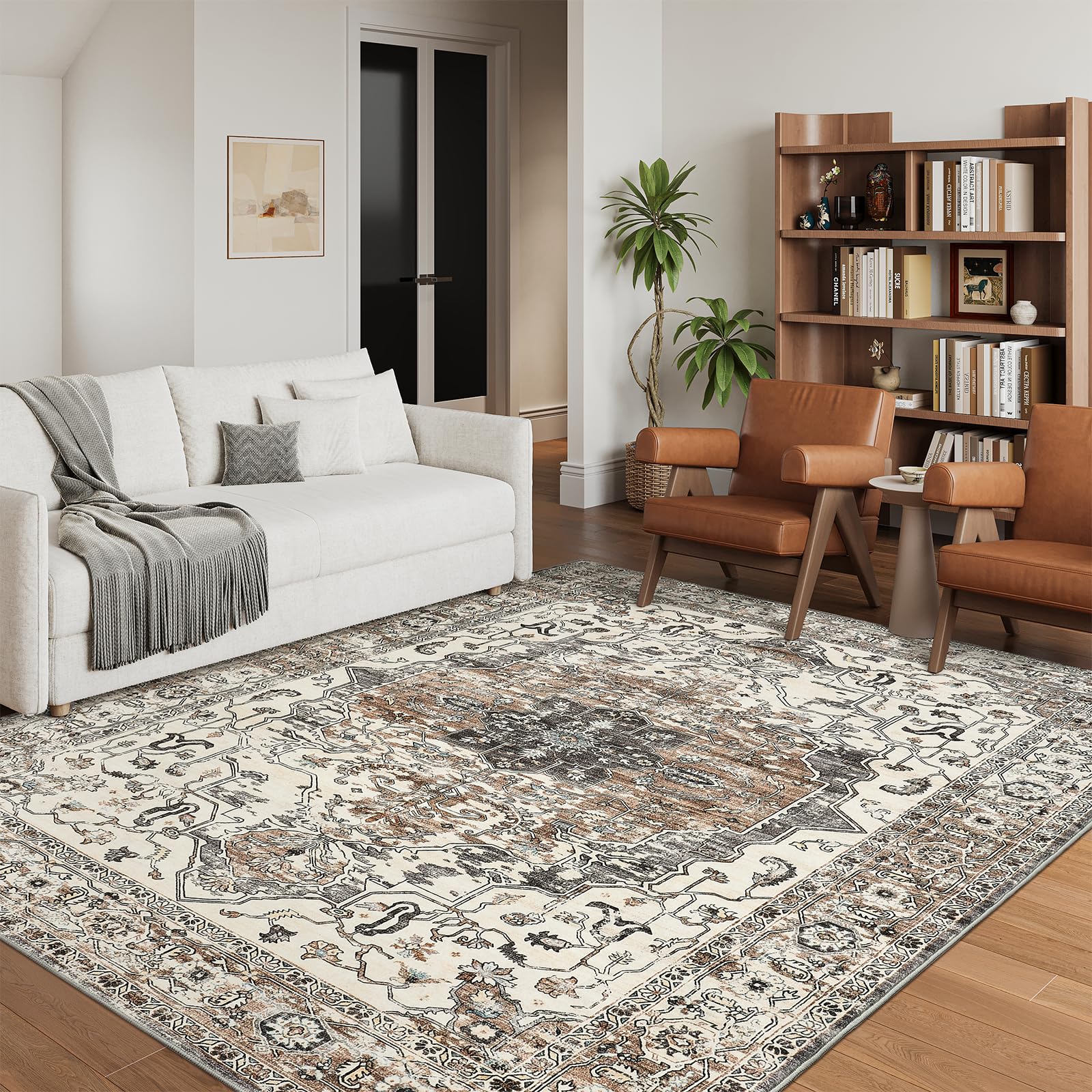 befbee 8x10 Area Rugs for Living Room, Stain Resistant Neutral Washable Rugs for Dining Room, Floral Vintage Non-Slip Thin Large Size Area Rug (Brown/Grey)