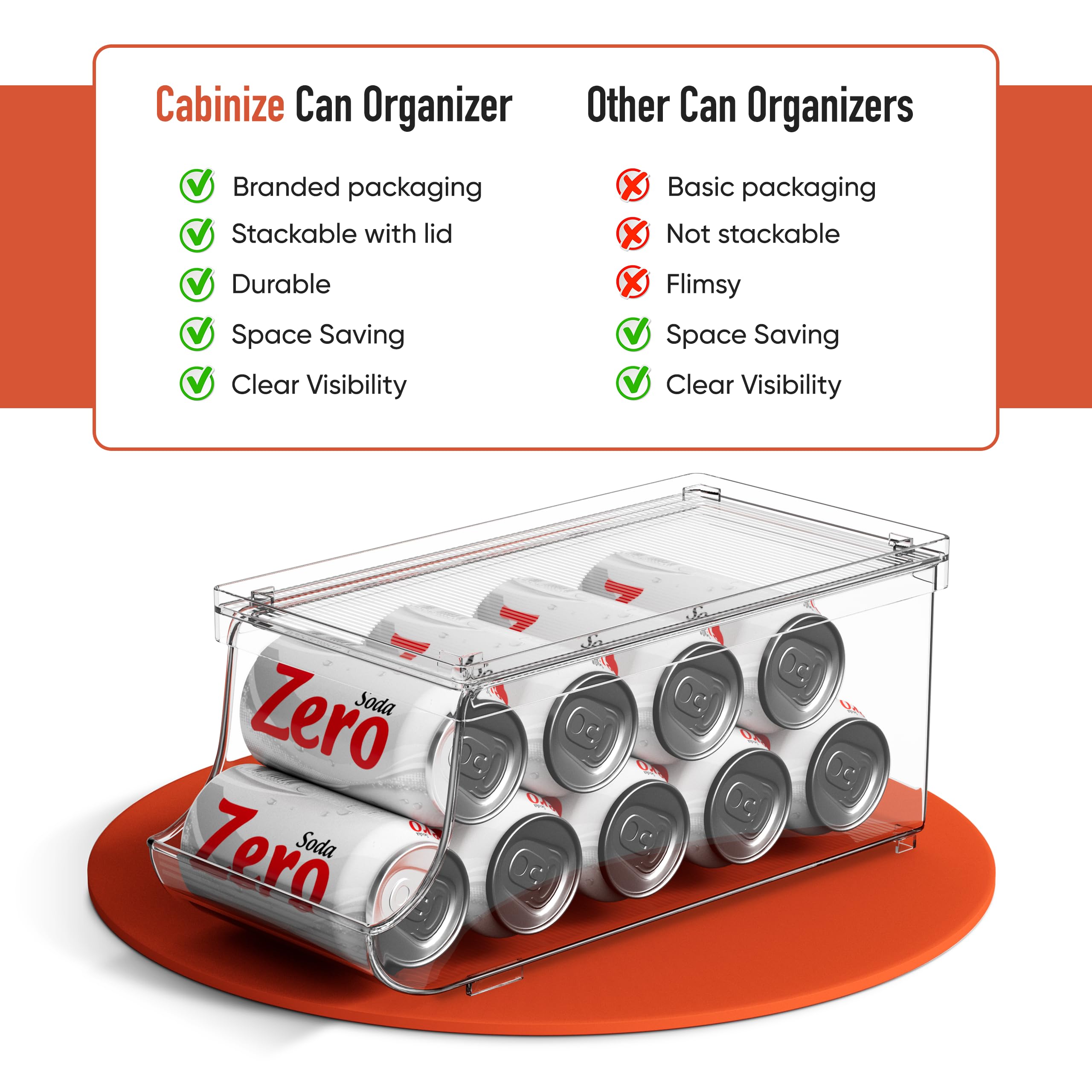 Cabinize Set of 2 Stackable Drink Can Organizer for Fridge, Freezer, Kitchen, Countertops, Cabinets - Soft Drink Holder for Refrigerator with Lid, Soda Can Dispenser, BPA Free, Holds 9 Cans Each