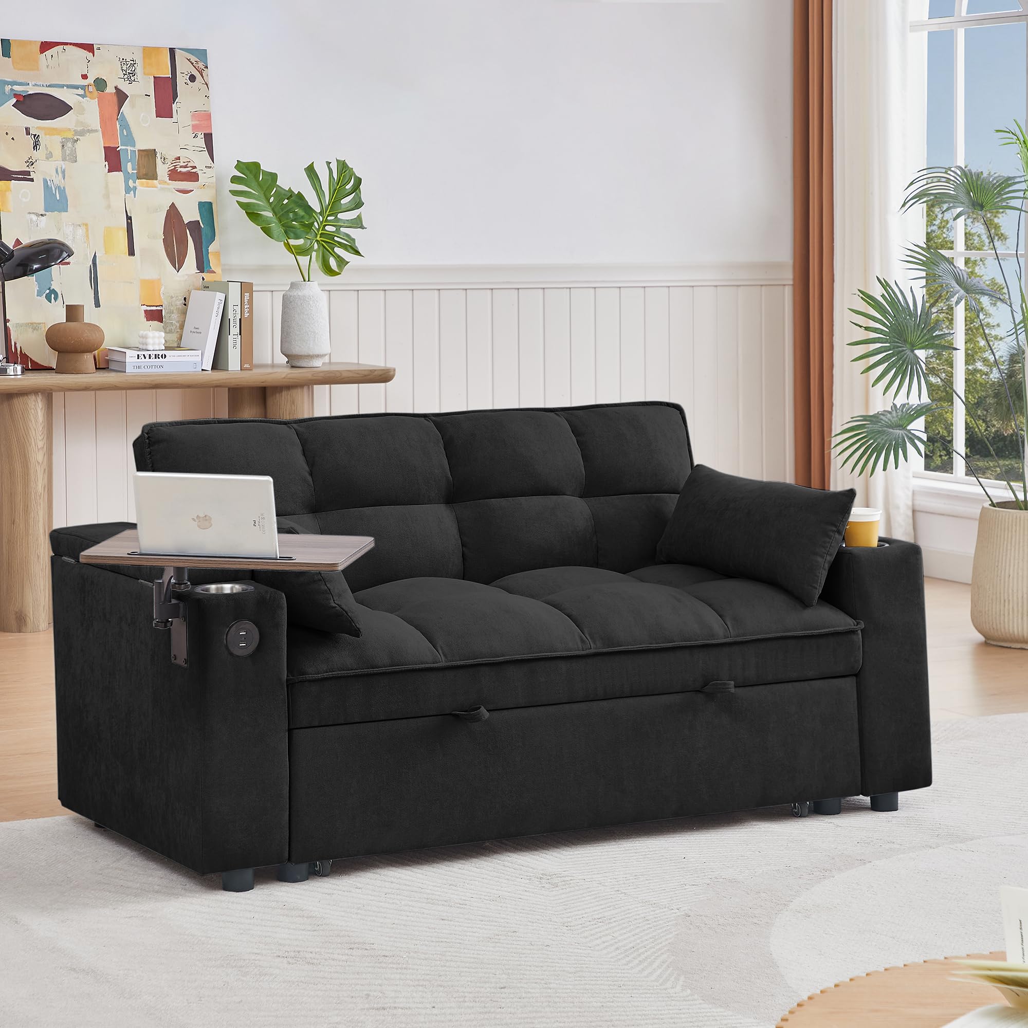 Auvsoce 65'' Convertible Queen Size Sleeper Sofa Bed.Modern Chenille Fabric Sofa with Pull Out Bed and 360 Degree rotatable Side Table for Living Room,RV, Trailer, Basement, Big Horn (Black)
