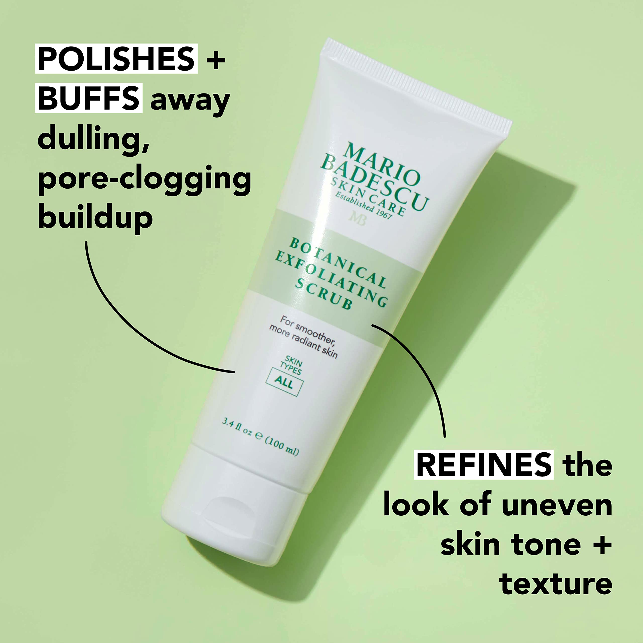 Mario Badescu Botanical Exfoliating Scrub for All Skin Types, Face Scrub with Ivory Palm Seeds & Green Tea Extract, Gentle Exfoliating Face Wash, 3.4 Fl Oz
