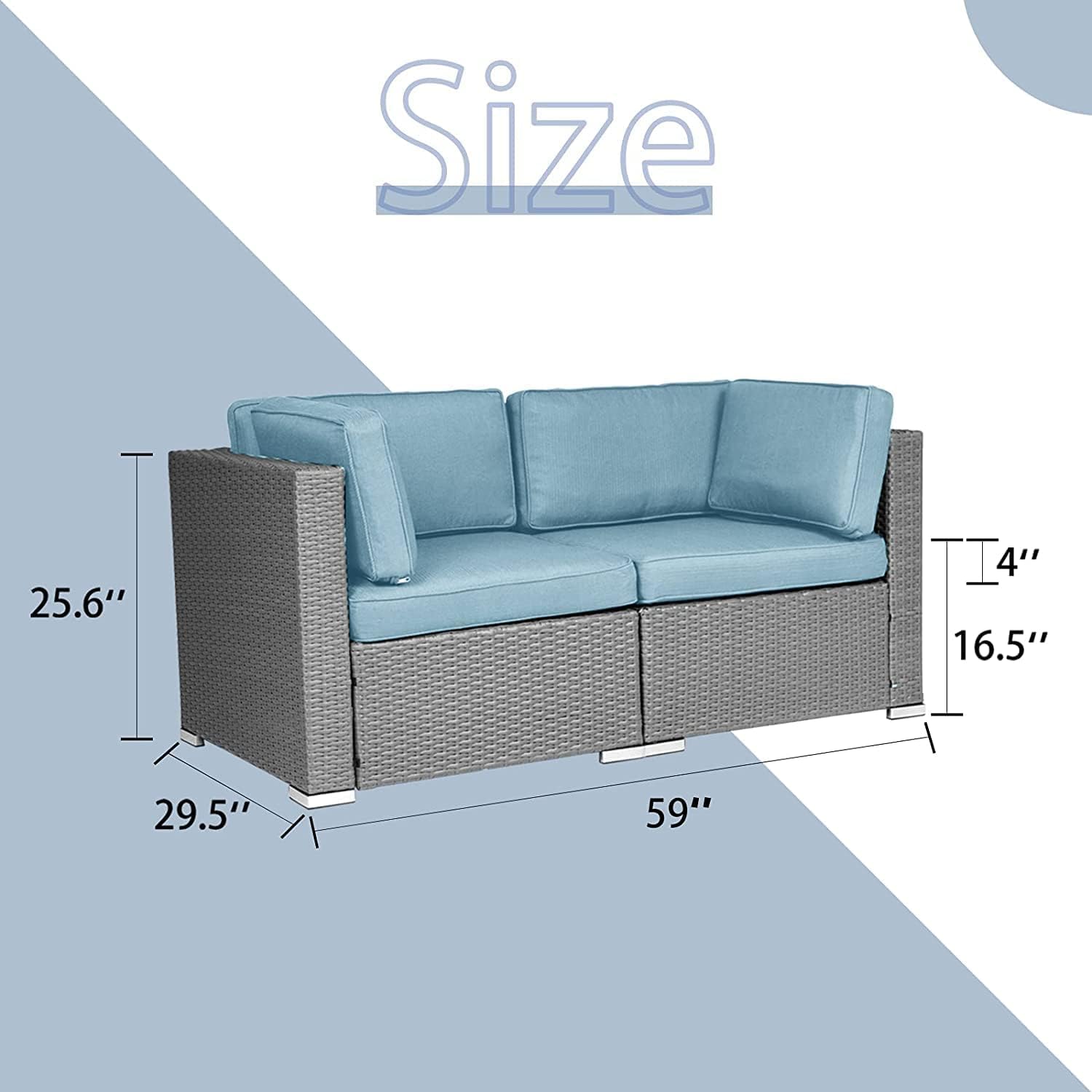 SUNCROWN 2-Piece Outdoor Patio Furniture Corner Sofa Set All-Weather Wicker Sectional Loveseats with Washable Cushions, Sky Blue