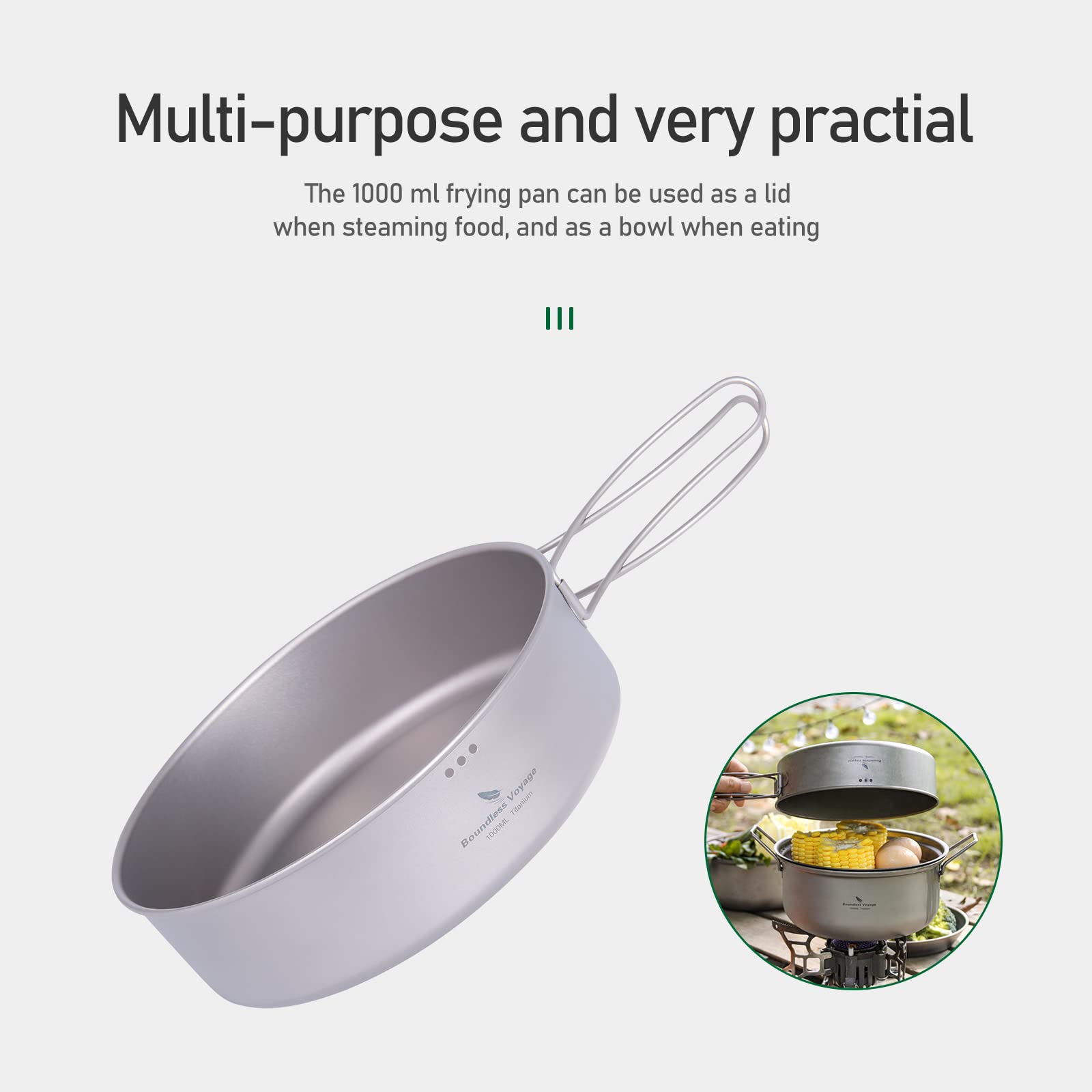 iBasingo 1.8L Titanium Steamer Stockpot Frying Pan Set Ultralight Outdoor Camping Pot Pan Set Portable Campfire Soup Hot Pot Cookware Backpacking Household Kitchen Cooking Kit Ti2101C