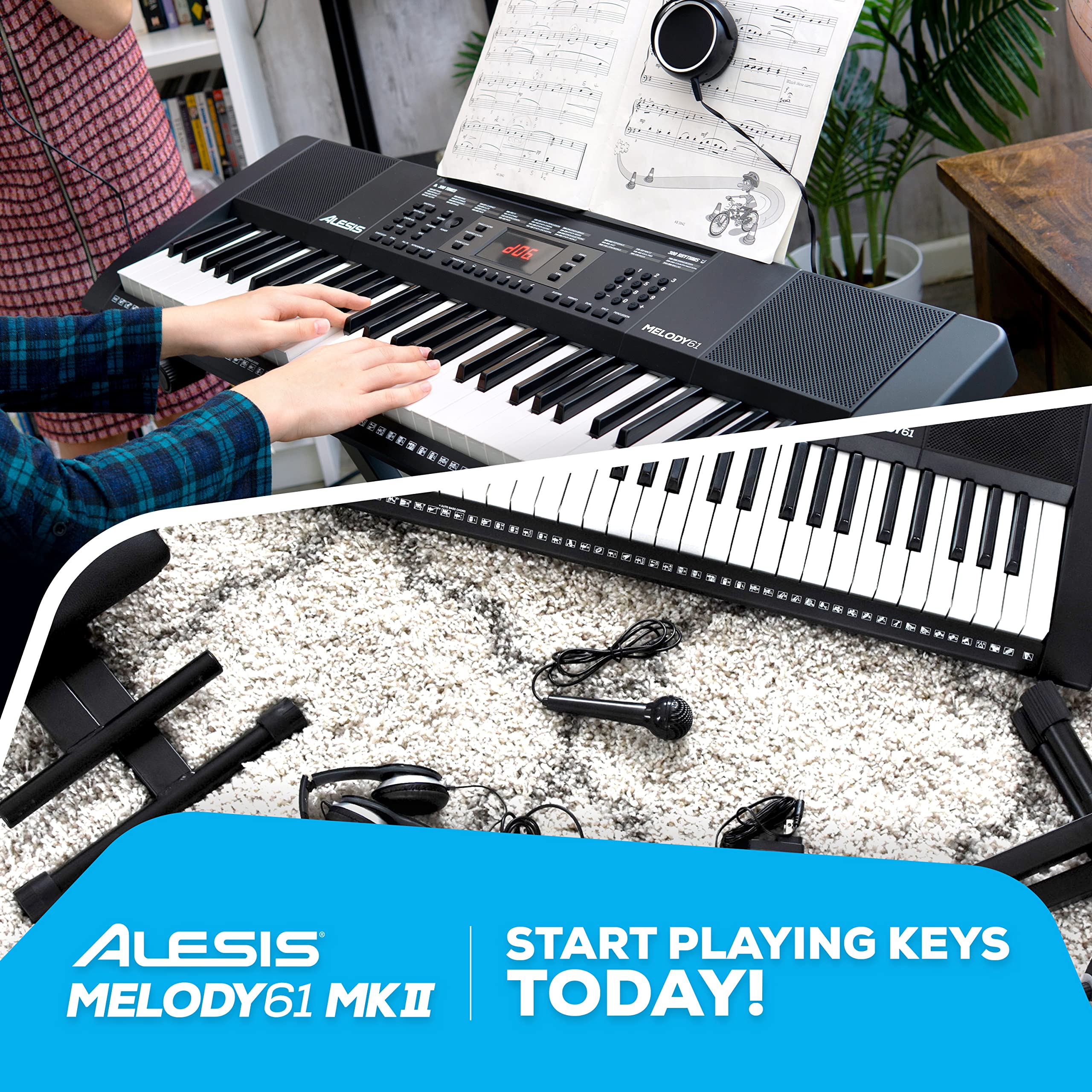 Alesis Melody 61 MKII | 61 Key Portable Keyboard with Built In Speakers, Headphones, Microphone, Piano Stand, Music Rest and Stool (Renewed)