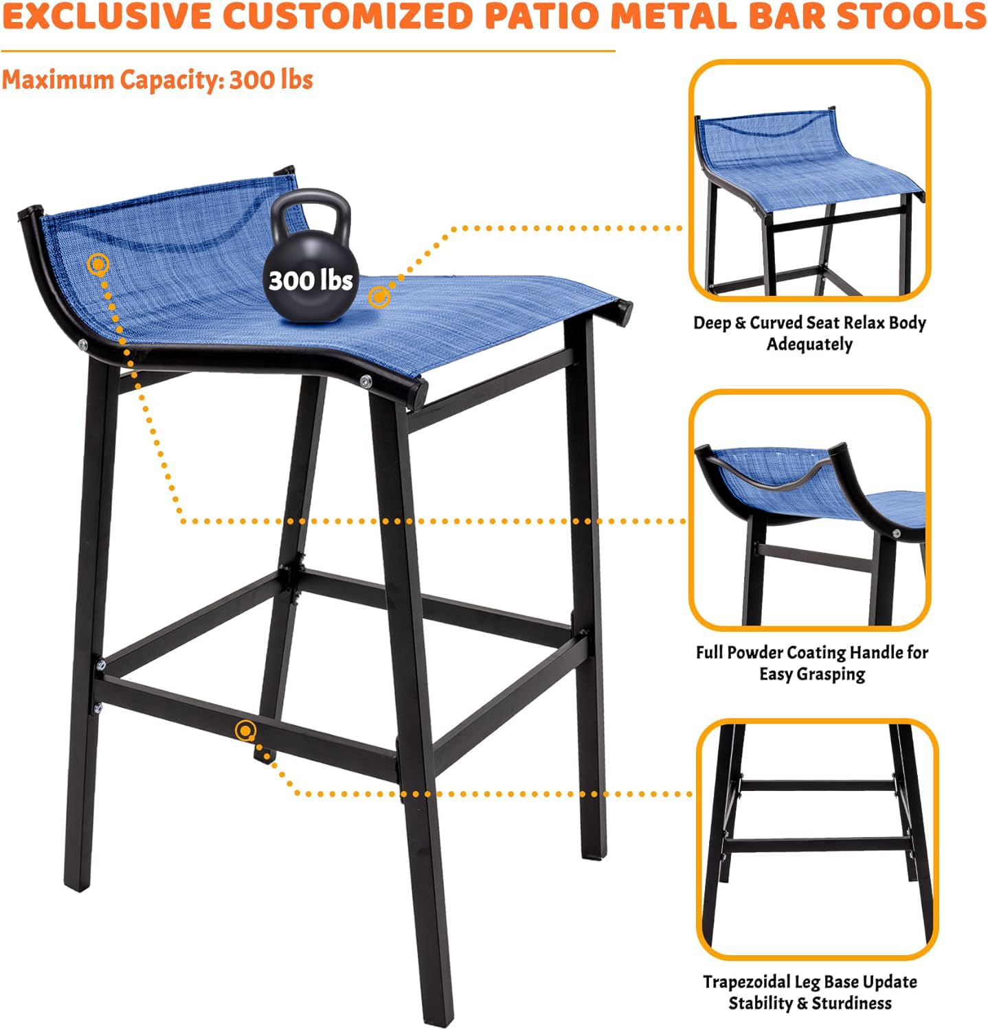 Sundale Outdoor Patio Metal Bar Stools Set of 2, Low Back Counter Height Tall Chairs, High Top Armless Pub Seat Barstools for Outside Porch Yard Deck Balcony, Modern Blue