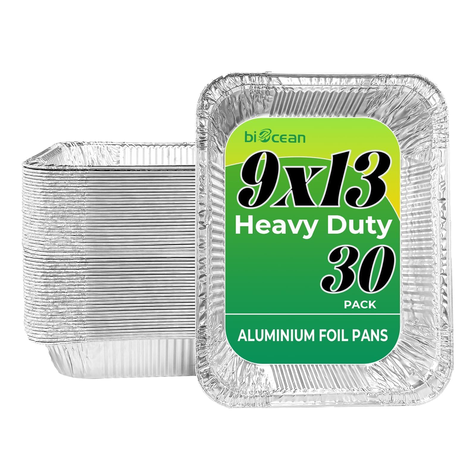 BIOCEAN Aluminum Pans 9x13 Inch 30 Pack, Extra Heavy Duty Foil Pans with Half Size Deep Steam Aluminum Tray Tin Foil Pans for Prepping Food, Storing Heating, Cooking, Baking, Roasting
