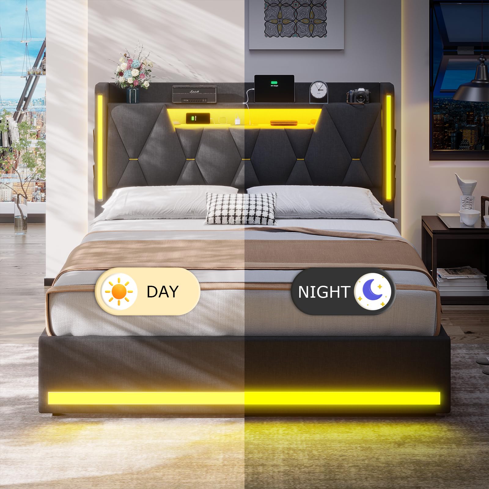 BYSAUD King Size Storage Bed Frame with Hidden Space and 2-Tier Shelves,King Bed Frame with Heaboard,King Size Bed Frame with LED Lights,Charging Station,No Box Spring Needed,Dark Gray,Linen Cloth