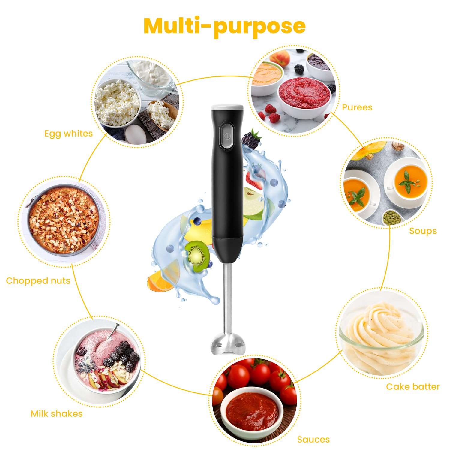 TUMIDY Cordless Immersion Blender with Egg Whisk and Chopper, Rechargeable Turbo Mode Hand Mixer, 2-in-1 Heavy Duty Portable Handheld Blender