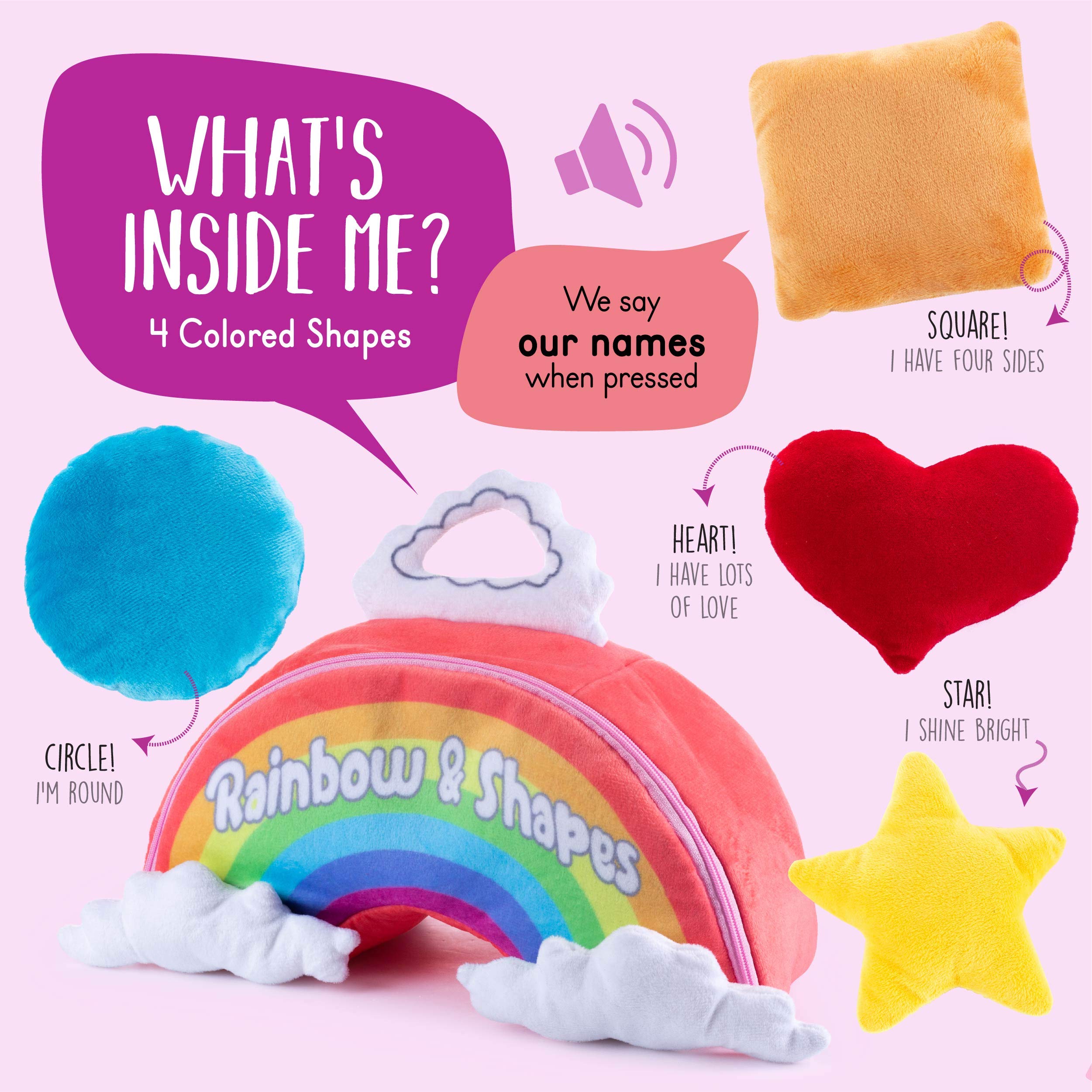 Talking Plush Rainbow & Shapes Toy Set | Includes 4 Talking Soft Shapes | Star, Heart, Circle, and Square with A Plush Rainbow Carrier | Great Gift for Baby and Toddler Girls or Boys