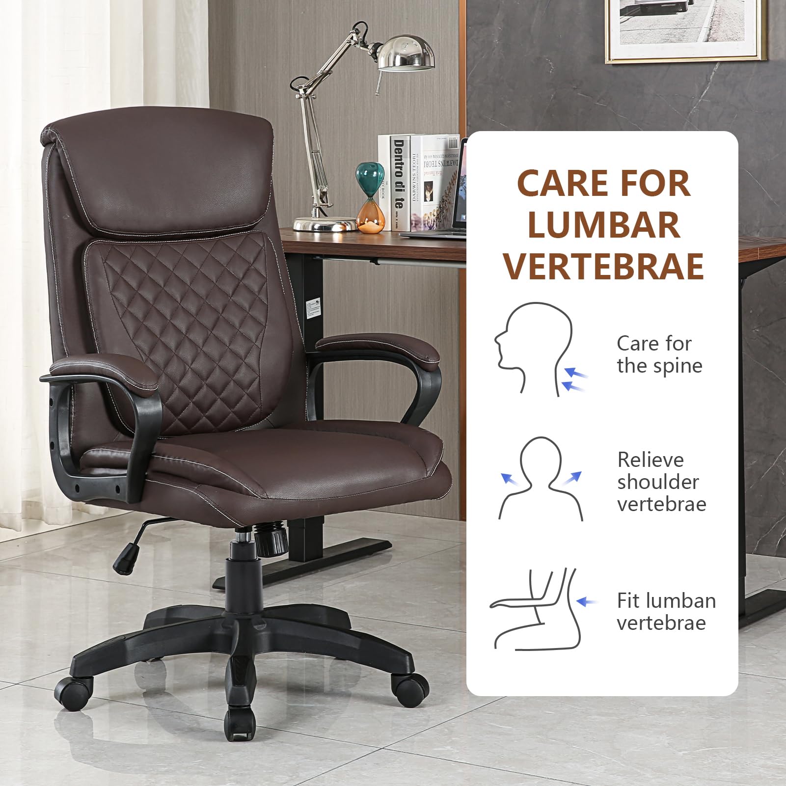 Bioopts Ergonomic Office Chair Executive Seat Upholstered Task Chair High Back Armrests Lumbar Support Adjustable Height Reclining 360 Degree Swivel PU Leather