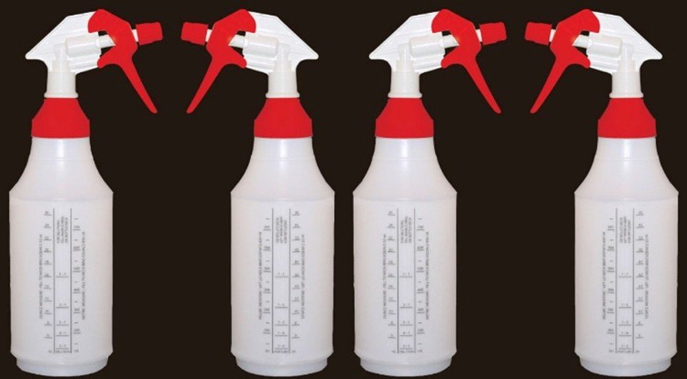 Spray Bottles with Large Top for Easy Filling, Reusable, 32oz, 4 Complete Bottles, with Scale on Side of Bottle for Easy Filling, Part# WM83233-WM04-RED (Red & White Sprayer Top)