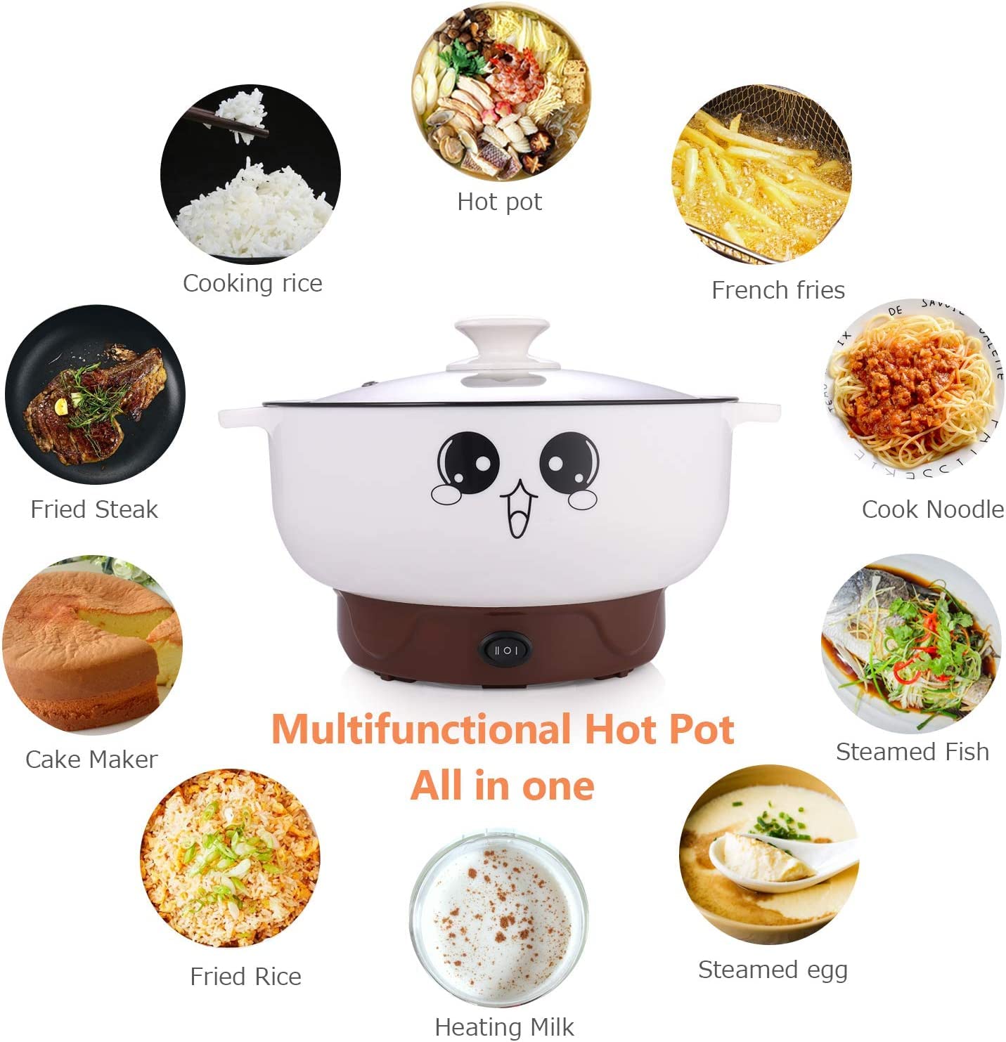 BXE 4-in-1 Multifunction Electric Cooker Skillet Wok Electric Hot Pot For Cook Rice Fried Noodles Stew Soup Steamed Fish Boiled Egg Small Non-stick with Lid (without Steamer,White)