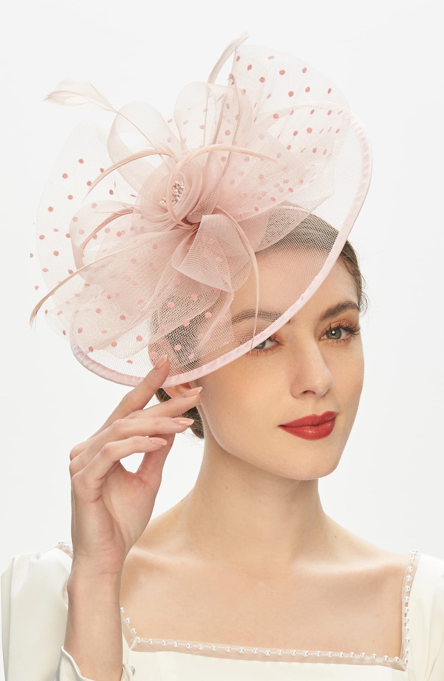 Fascinators Hats for Womens 50s Headwear with Veil Flower Cocktail Wedding Tea Party Church Derby Hat(3-blush pink)