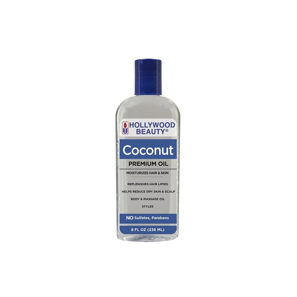 Hollywood Beauty Coconut Hair Oil, 8oz Bottle, Moisturizes Hair & Skin, Replenishes Important Hair Lipids, Body & Massage Oil, Helps Releve Scalp Dryness, Reduces Dandruff