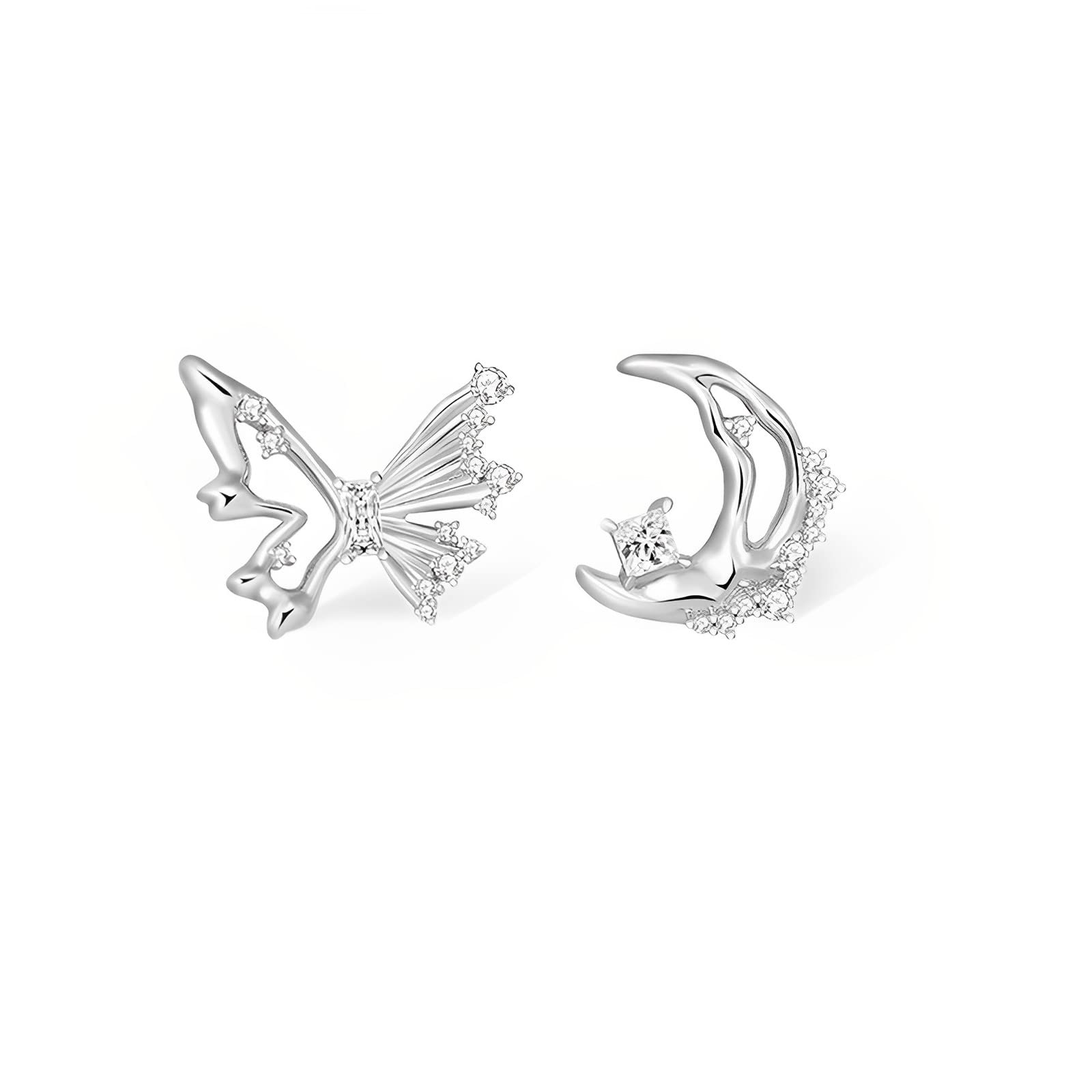 925 Sterling Silver Post White Gold Moon Butterfly Earrings Stud Asymmetric for Women and Girls Jewelry Gift