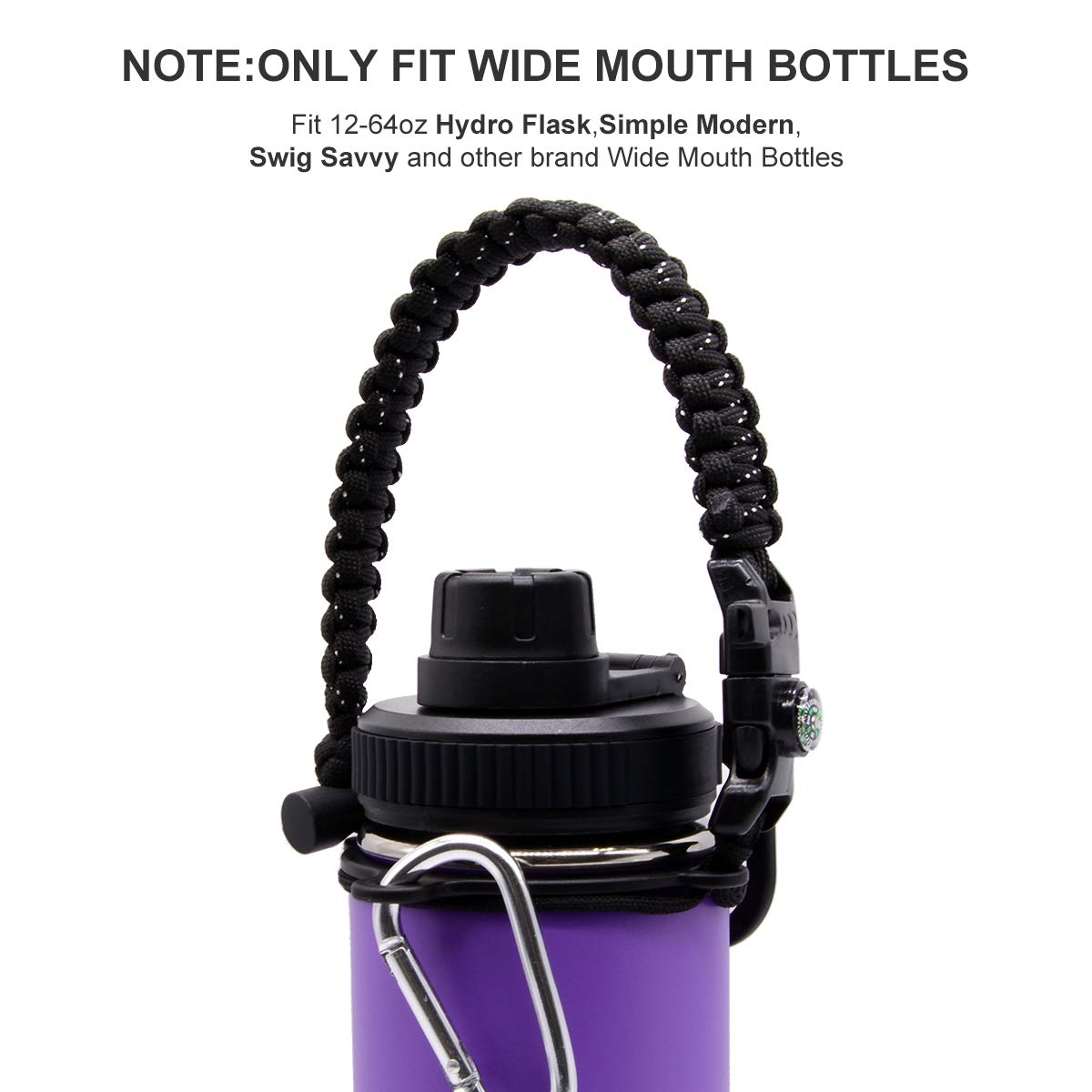 Affute Paracord Handle for Hydroflask Wide Mouth Bottles, with Safety Ring and Carabiner, Plus one Protective Silicone Sleeve, Best Value Set (32-40oz, Black)