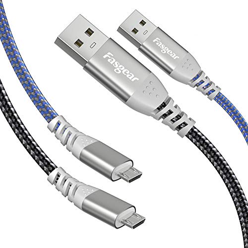Fasgear PS4 Micro USB Cable 16ft, 2 Pack USB to Micro USB 2.0 Cord 2.4A Fast Charging Data Sync Compatible for Playstation 4,Xbox One Controller,Galaxy S7/S6,Camera,Baby Monitor (Black,Blue)