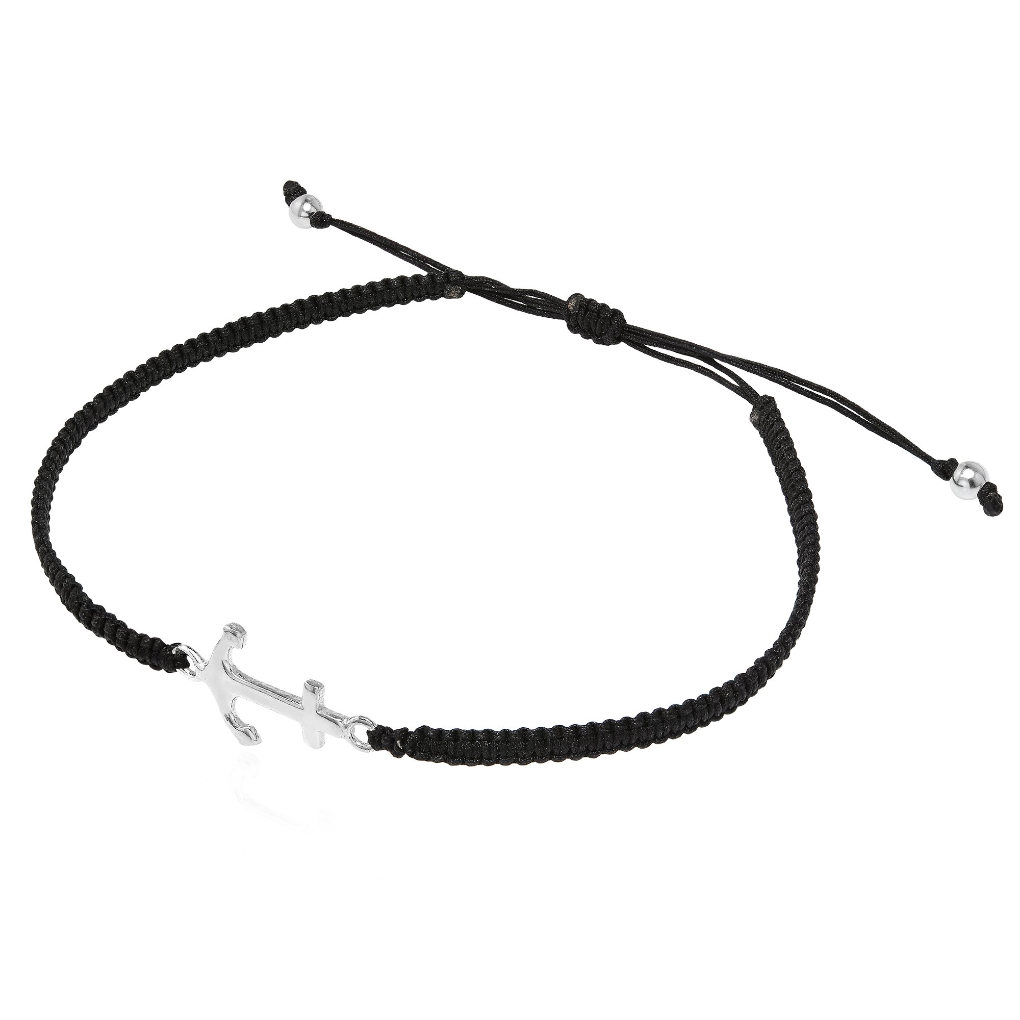 AeraVida Anchor of Hope .925 Sterling Silver Cotton Rope Adjustable Wrist Pull Bracelet | Unisex Bracelets | Hope Anchor Bracelet | Pull Bracelet | 10mm Bracelet