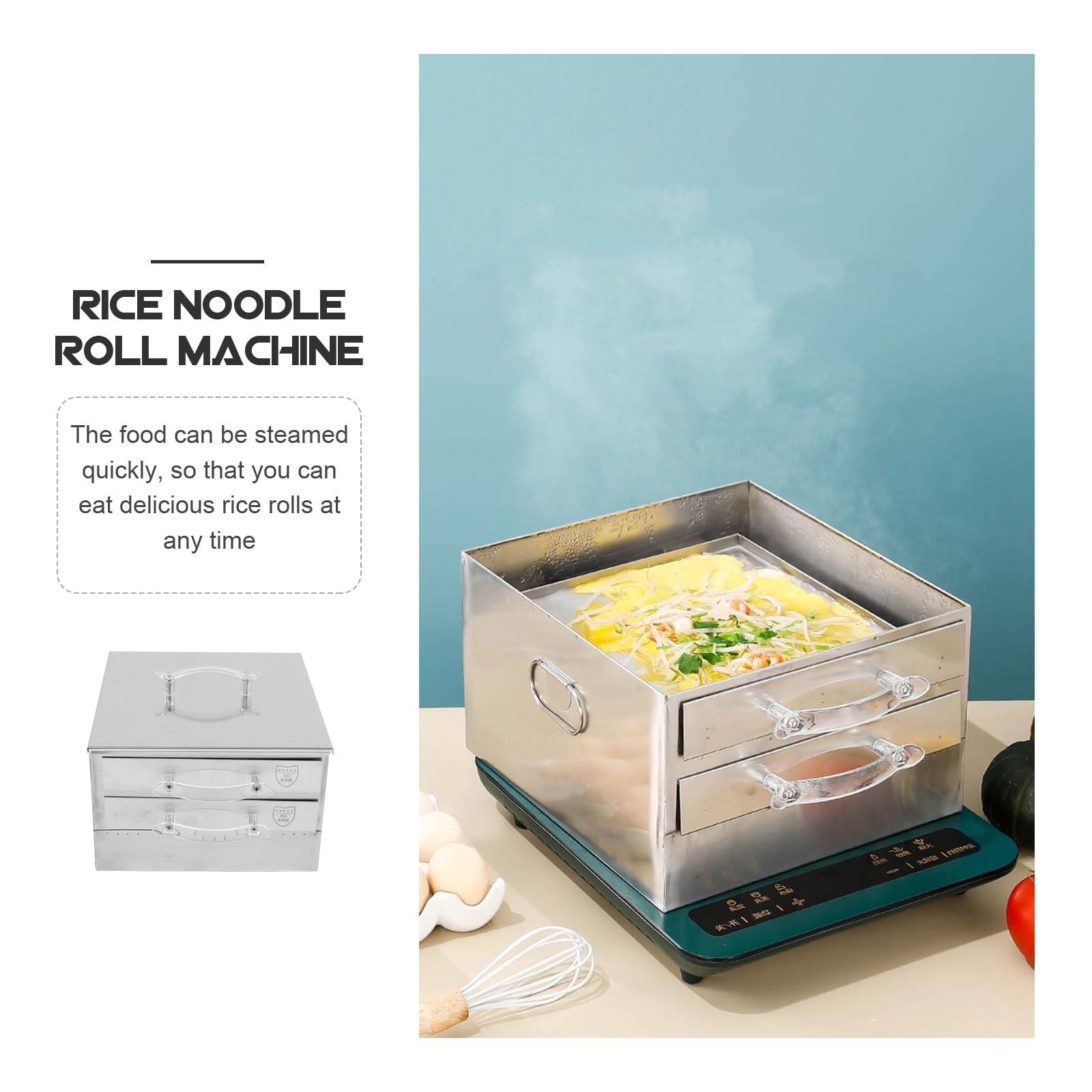 Rice Noodle Roll Steamer Machine - 2 Layers 2 Trays Chinese Cantonese Cheung Fun Changfen Maker for Commercial and Home Use with Extra Stainless Steel Holed Steam Tray and Long Handle