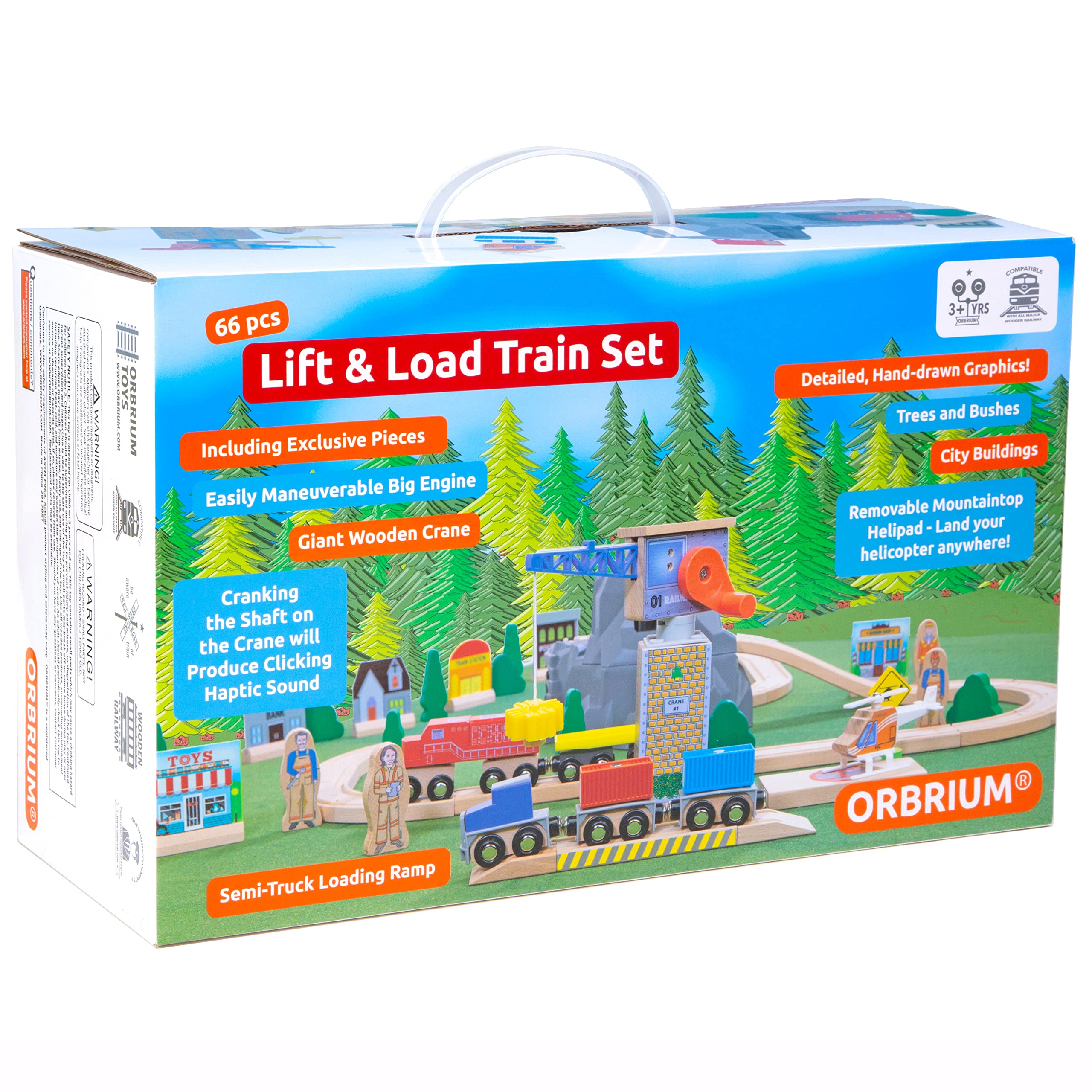 ORBRIUM Lift and Load Wooden Train Set with Magnetic Crane, Magnetic Helicopter, Large Diesel Engine, Semi-Truck, Shipping Container Flat Car Compatible with Thomas, Brio, Chuggington, Melissa & Doug