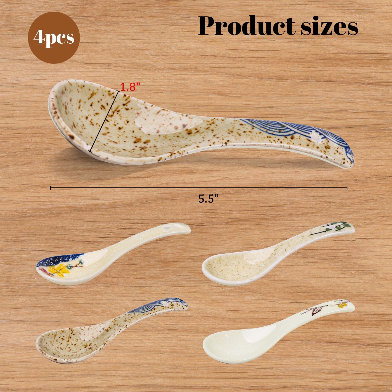 LOVEINUSA Japanese Retro Soup Spoons, Flatware Chinese Serving Spoons for Asian Dishes Like Rice, Noodles, Soup, Pho, Appetizers, 4 PCS