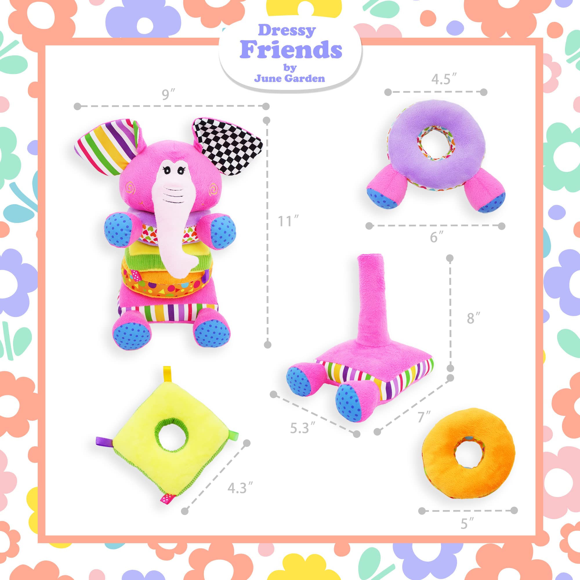 June Garden 11" Soft Stacking Rings Toy - Educational Stuffed Plush Elephant Sensory Development Rattles - Montessori Activity Sensory Learning Toy - 6 Months and Up