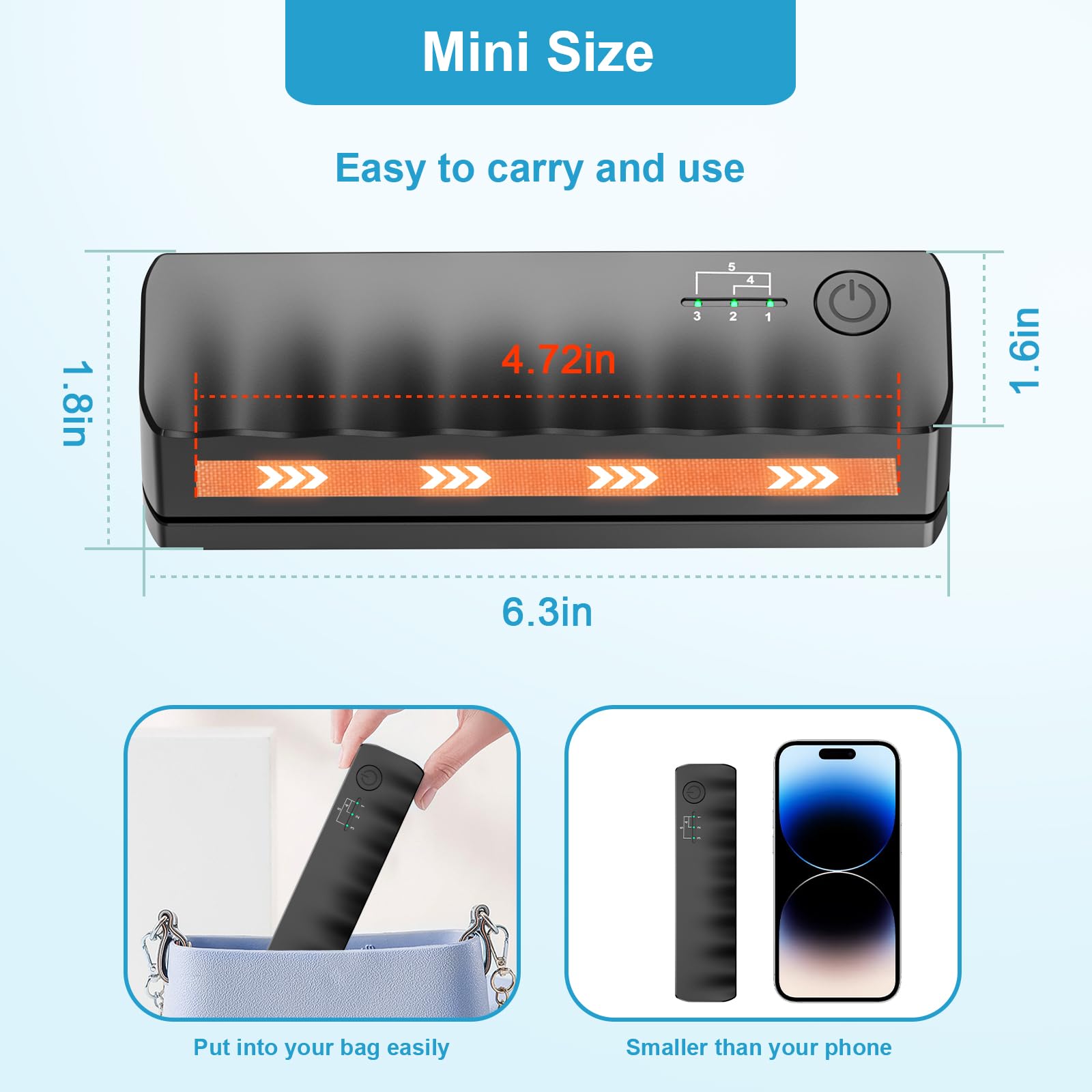 Upgraded Mini Bag Sealer,4000mAh Rechargeable Handheld Mini Heat Sealer with 4.7" Heating Strip & 5 Adjustable Gears-Quick Heat Bag Resealer for Chip Bag, Snack Bag, Plastic Bag - Keep Food Fresh