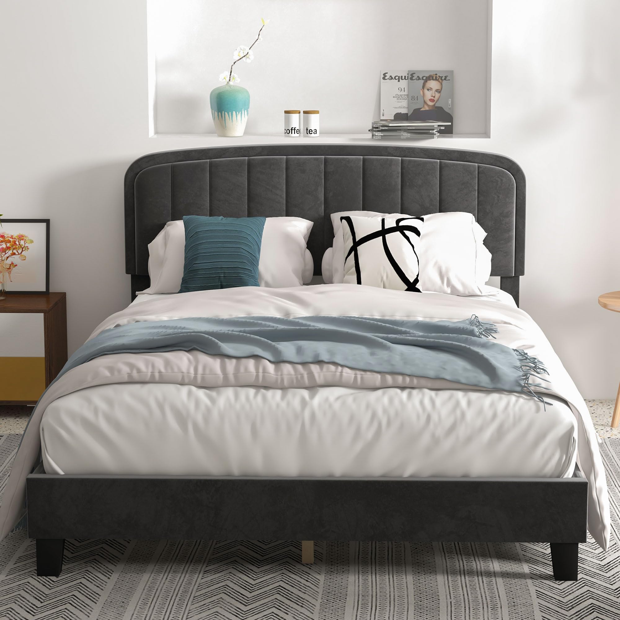 Bonzy Home Queen Bed Frame with Headboard, Modern Queen Size Platform Bed Frame, No Box Spring Needed, Easy Assembly, Grey