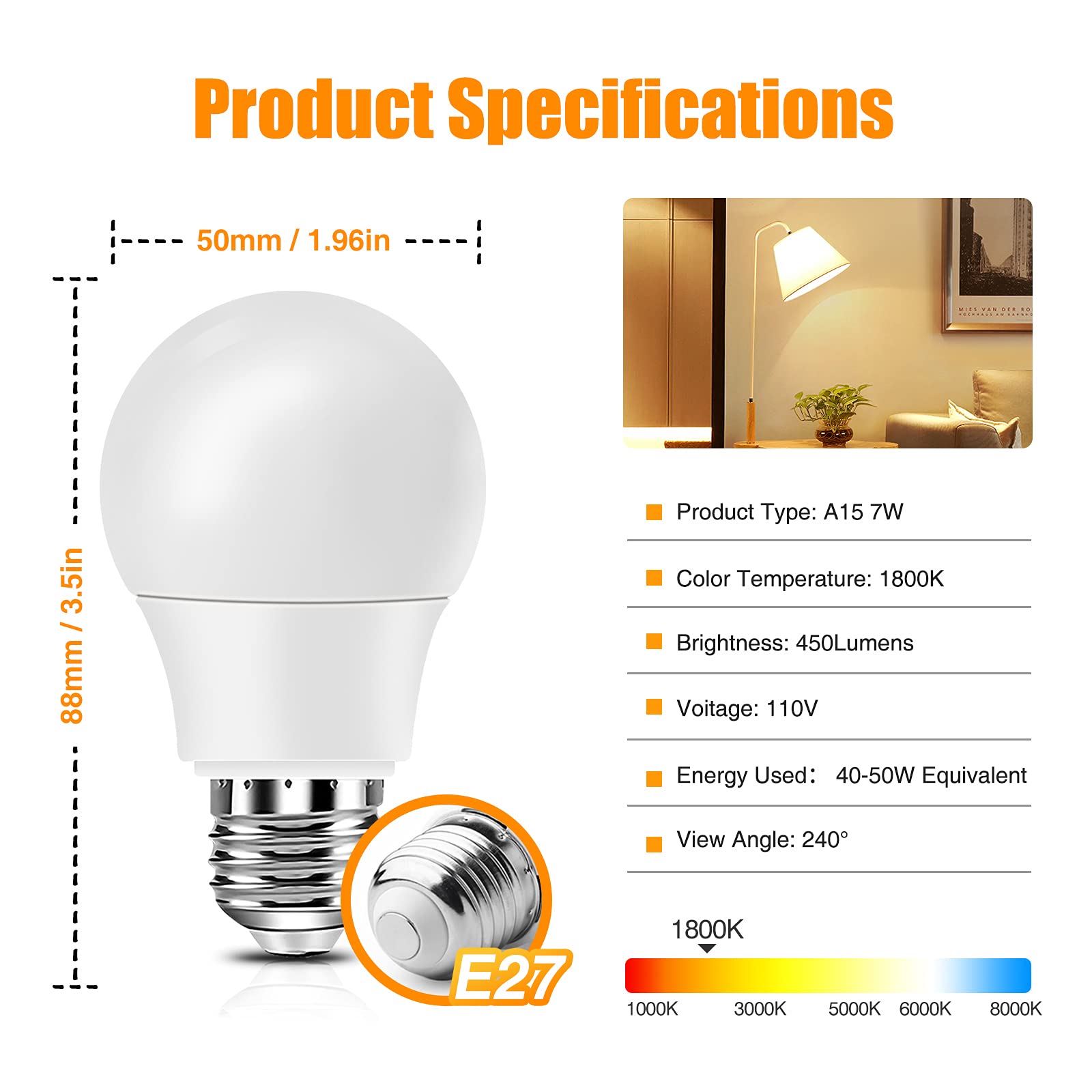 A15 Amber Light Bulbs, 7W 40W Equivalent Dim Light Bulbs,1800K Warm Soft Sleep Light Bulbs, 6 Pack Amber Night Light Bulbs, Blue Light Blocking Warm Light Bulbs for Sleep,Night Light, Reading.