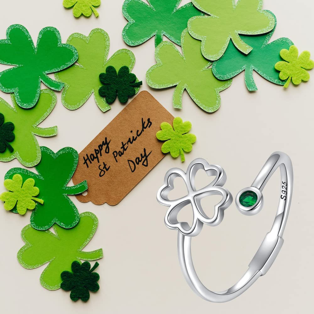 925 Sterling Silver Clover Stud Earrings Shamrock Irish Ear Studs St Patricks Day Jewelry Gifts for Girls Women (Ring)