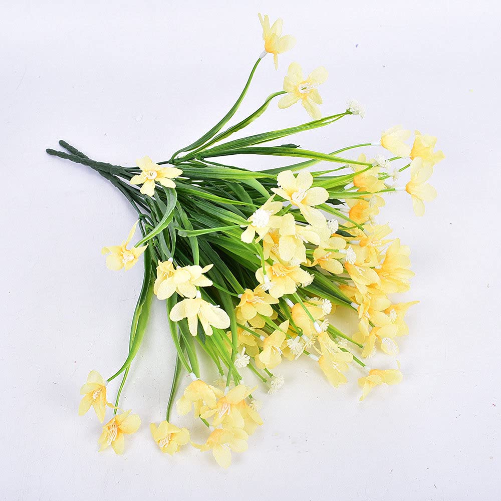 Succinct 8PCS Bundles Artificial Daffodils Flowers, Artificial Greenery UV Resistant No Fade Faux Silk Cloth Plants for Wedding Bridle Bouquet Outdoor Home Garden Kitchen Office Table Vase (Yellow)