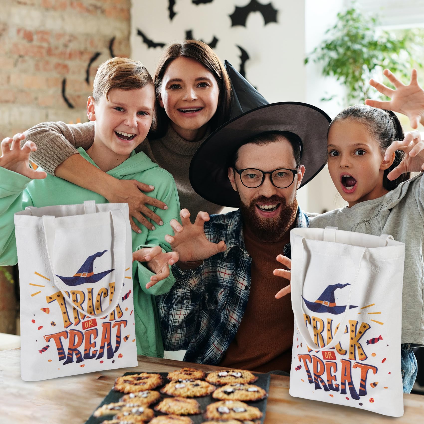 ATFUNSHOP Trick or Treat Bags Halloween Bags 15.7'' Witch Hat Canvas Reusable Large Tote Bucket for Kids